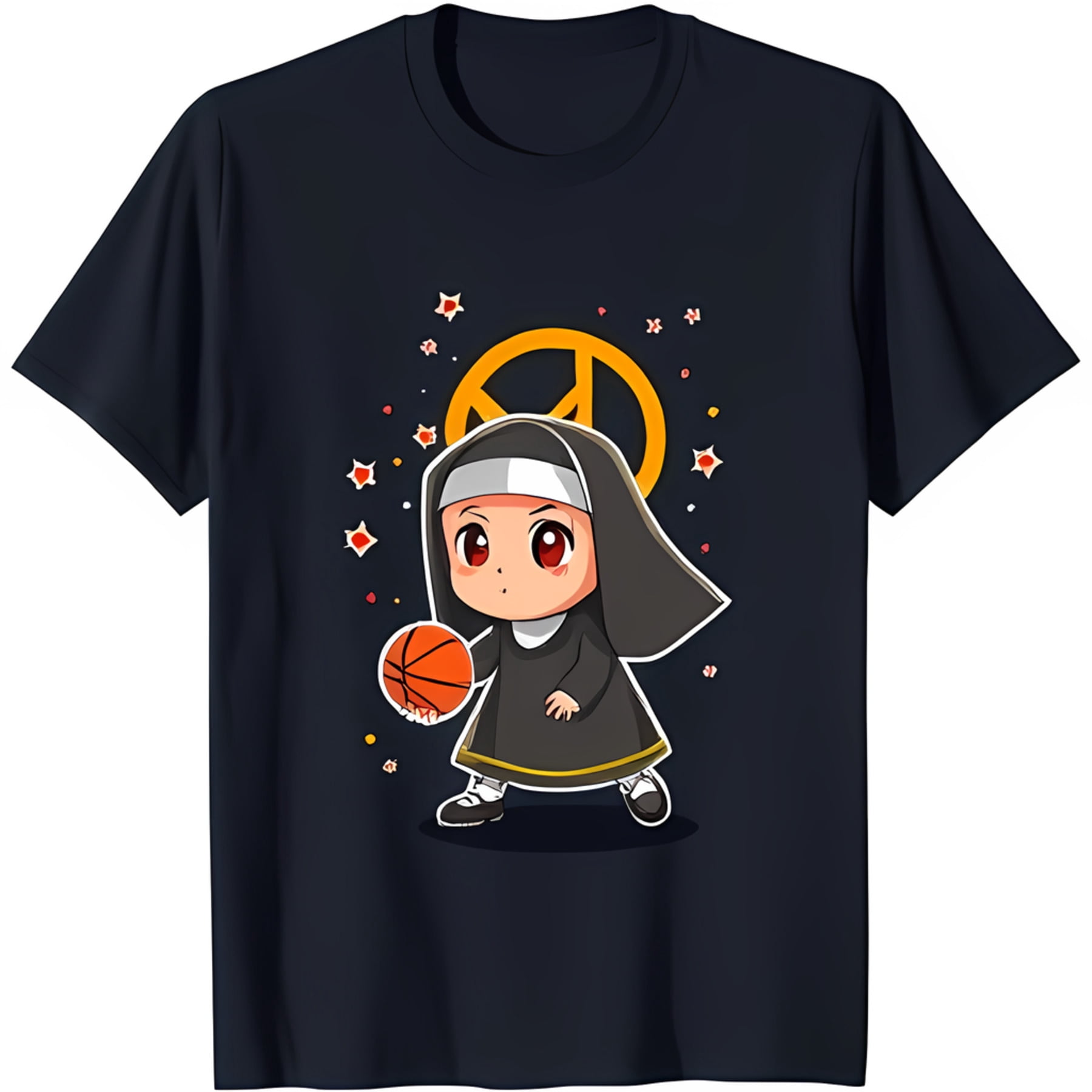 Playful Cartoon Nun T-Shirt Fun Black Tee with Peace Sign Design ...