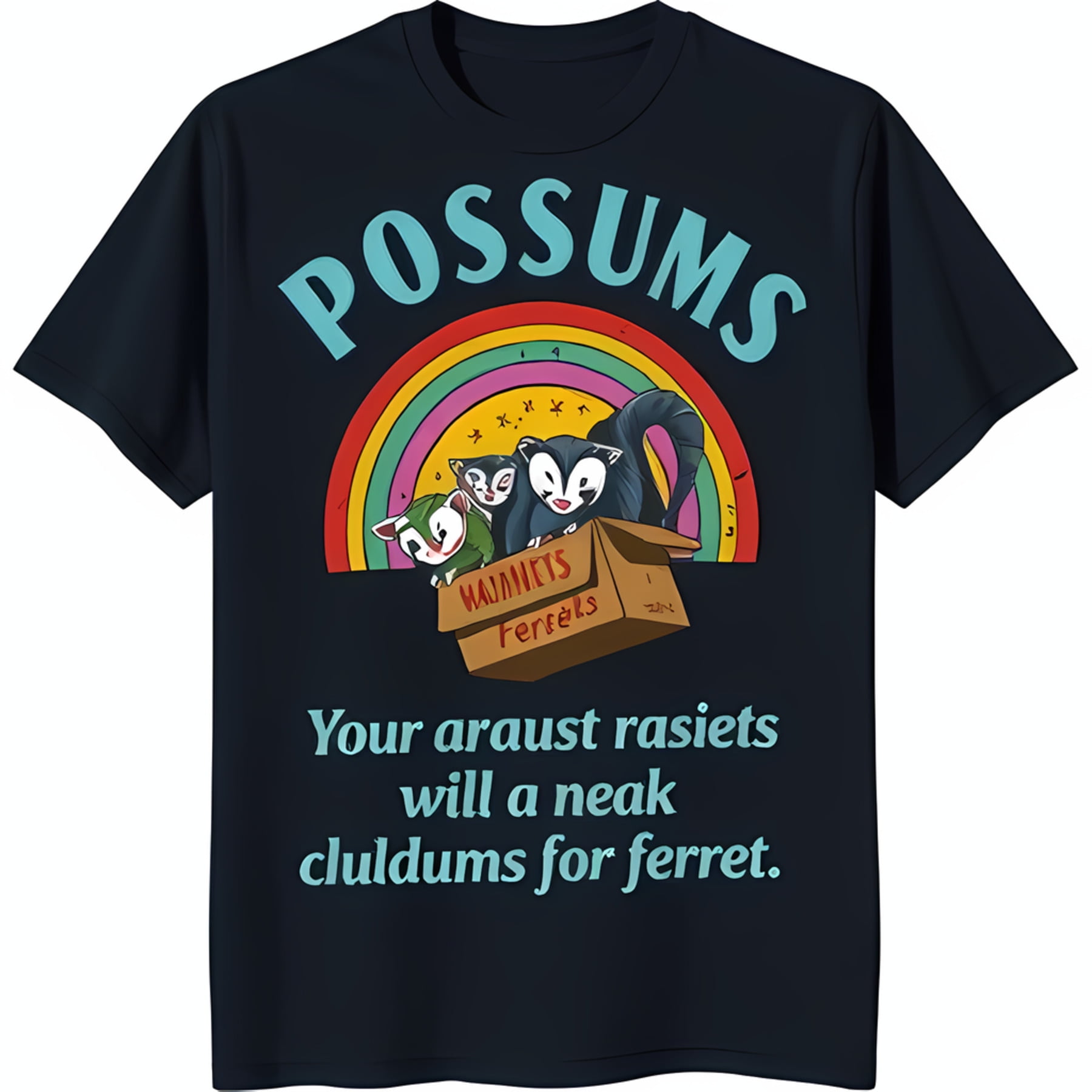 Playful Cartoon Possums on Rainbow Background Fun Black T-Shirt for ...