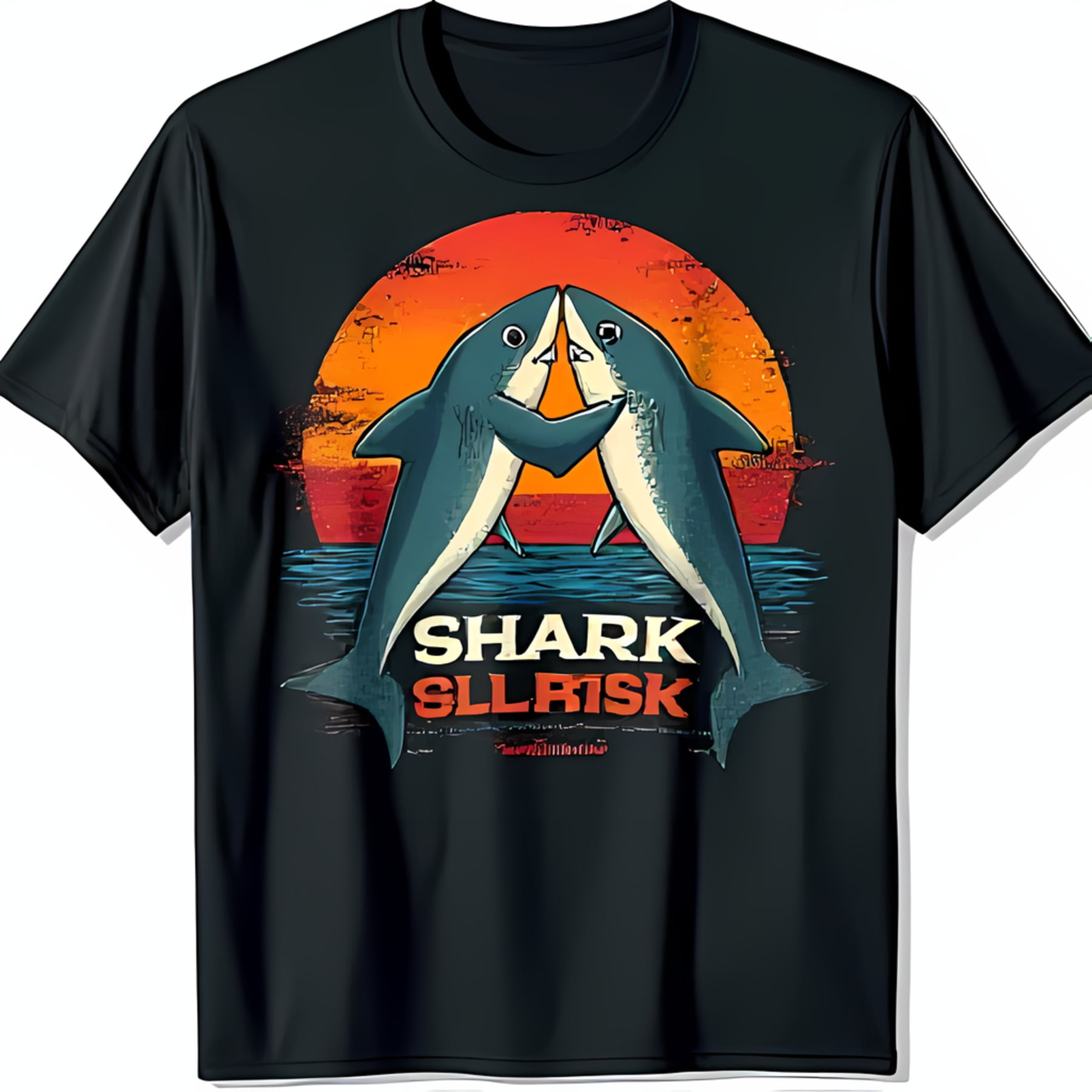 Playful Cartoon Sharks Holding Hands Sunset Graphic Black T-Shirt ...