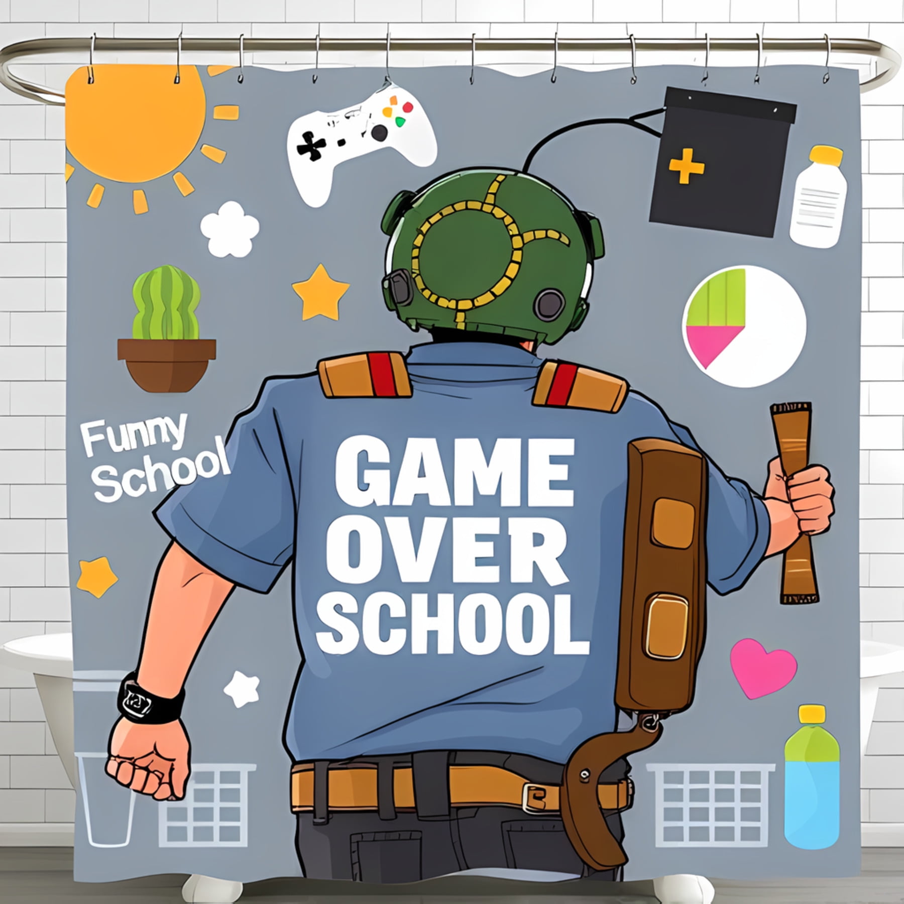 Playful Cartoon Shower Curtain - Character 'GAME OVER SCHOOL' Design ...