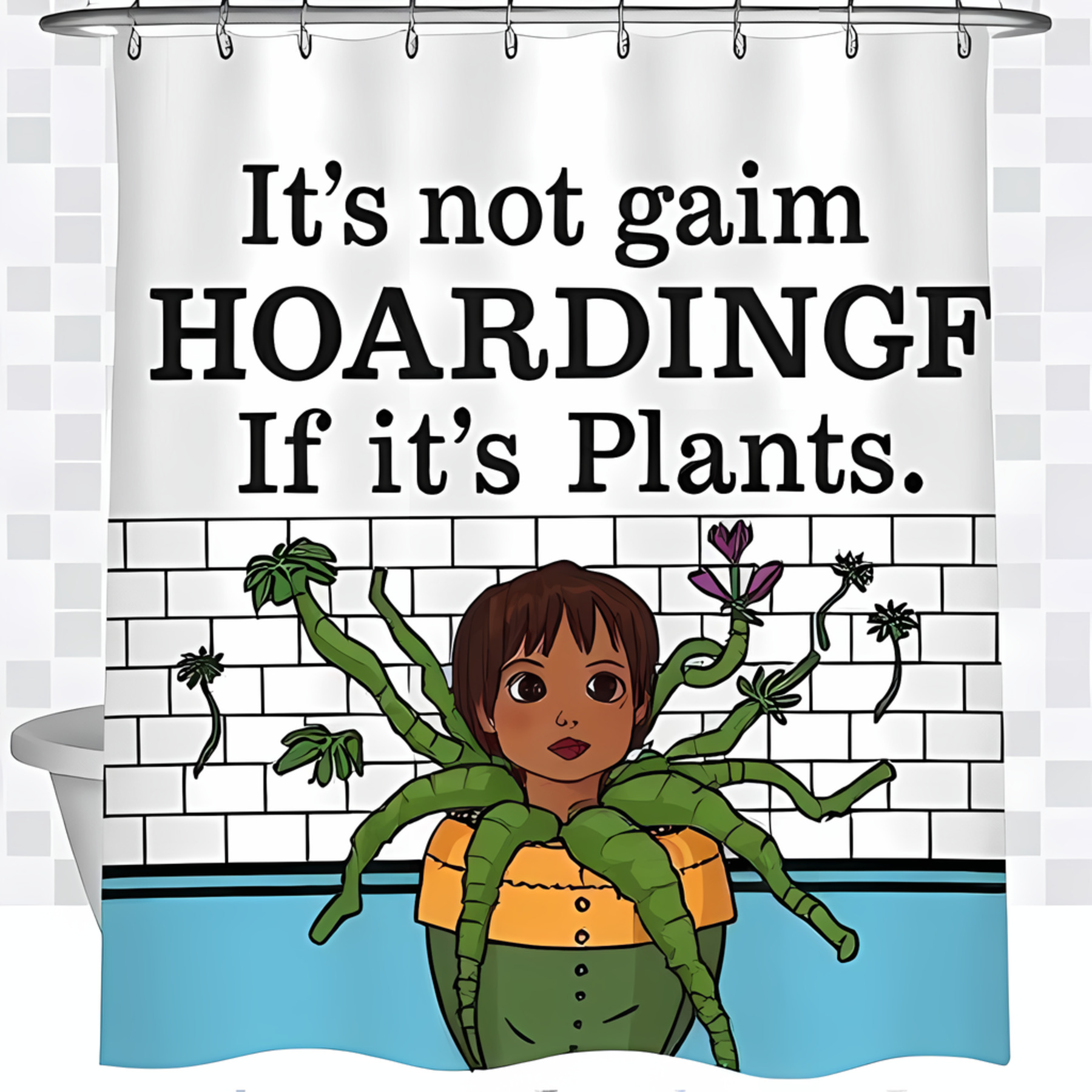 Playful Cartoon Shower Curtain with Octopus-like Character and Plant ...