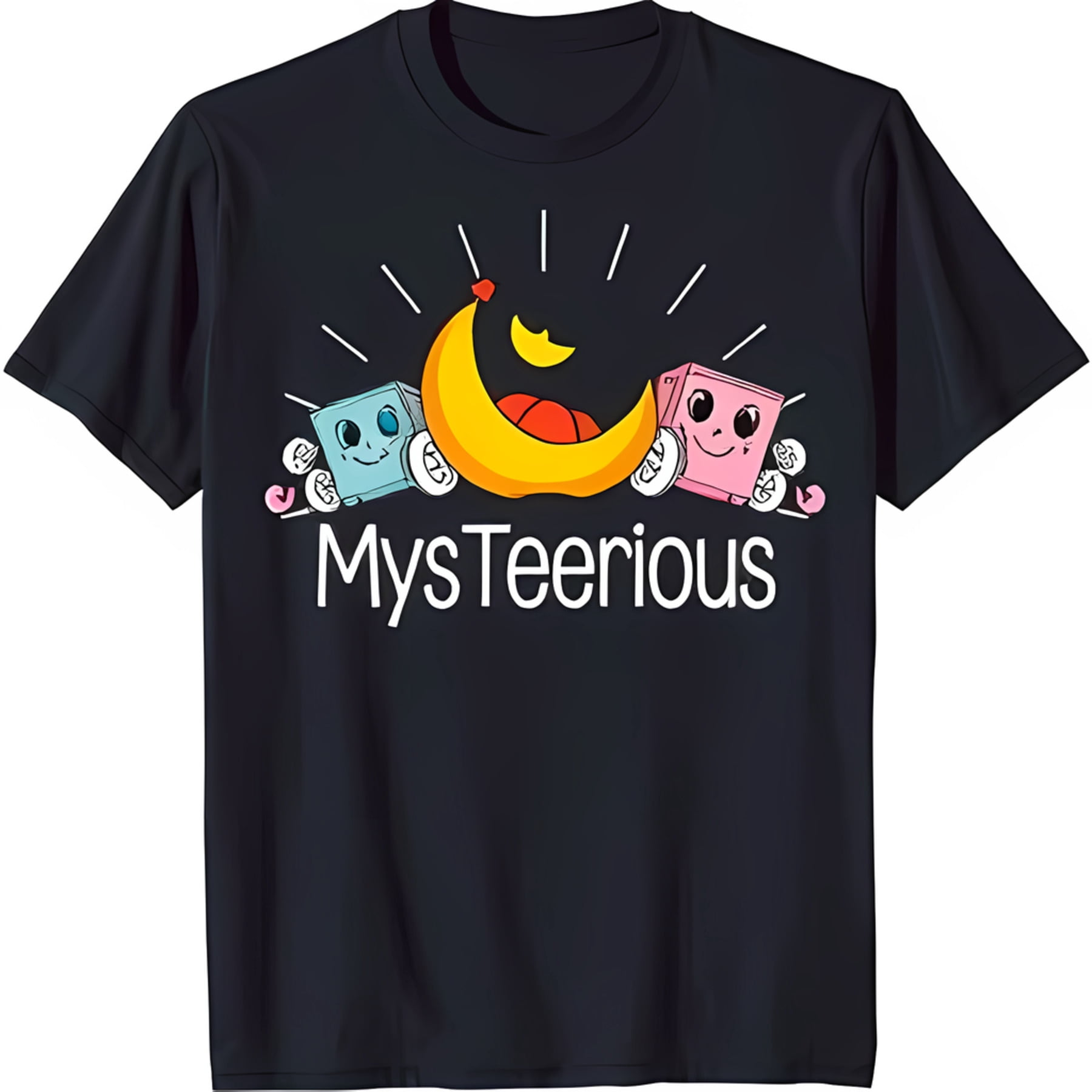 Playful Cartoonish Black T-Shirt with Smiling Boxes Moon & 'MysTeerious ...