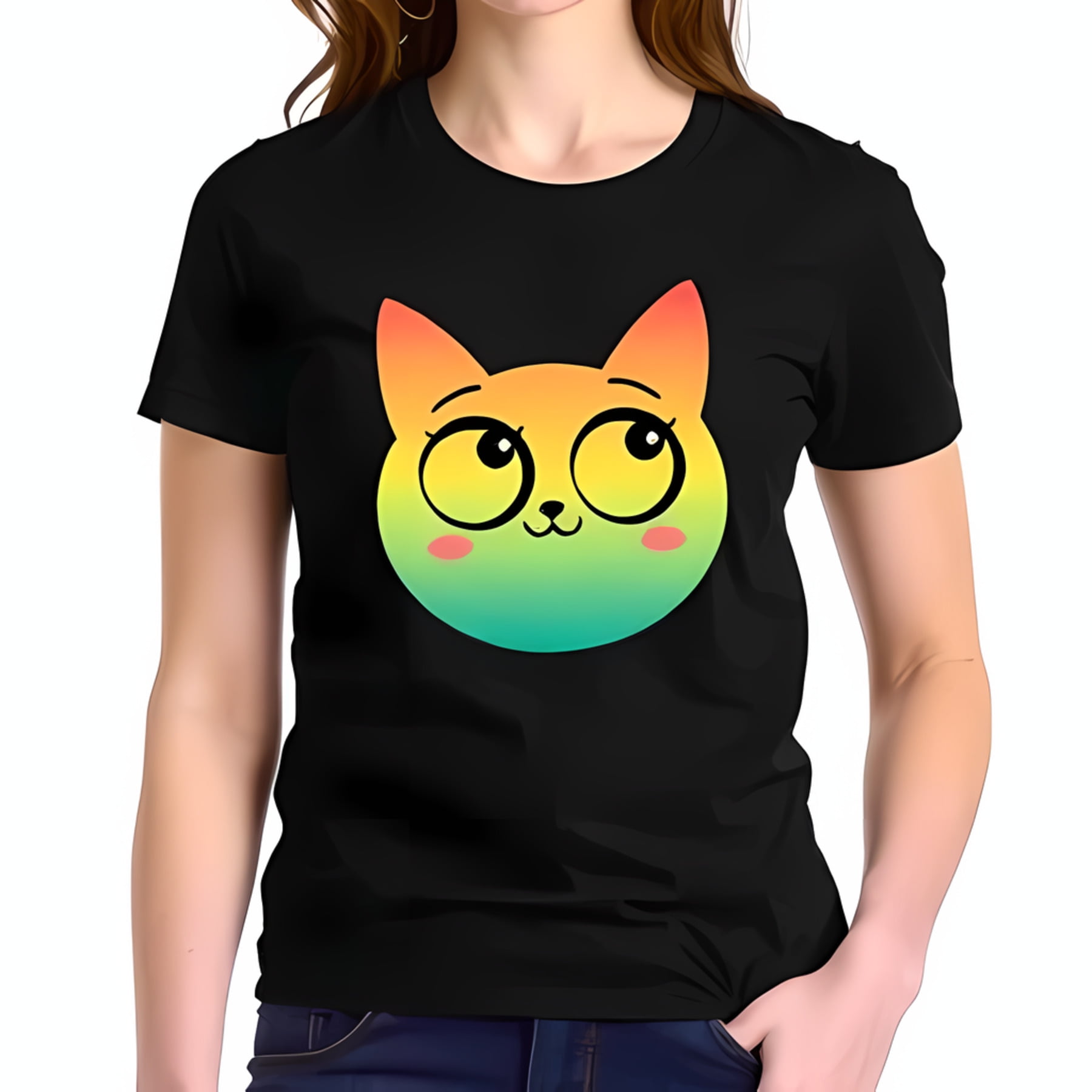 Playful Cat Face Graphic T-Shirt - Gradient Orange to Green Oversized ...