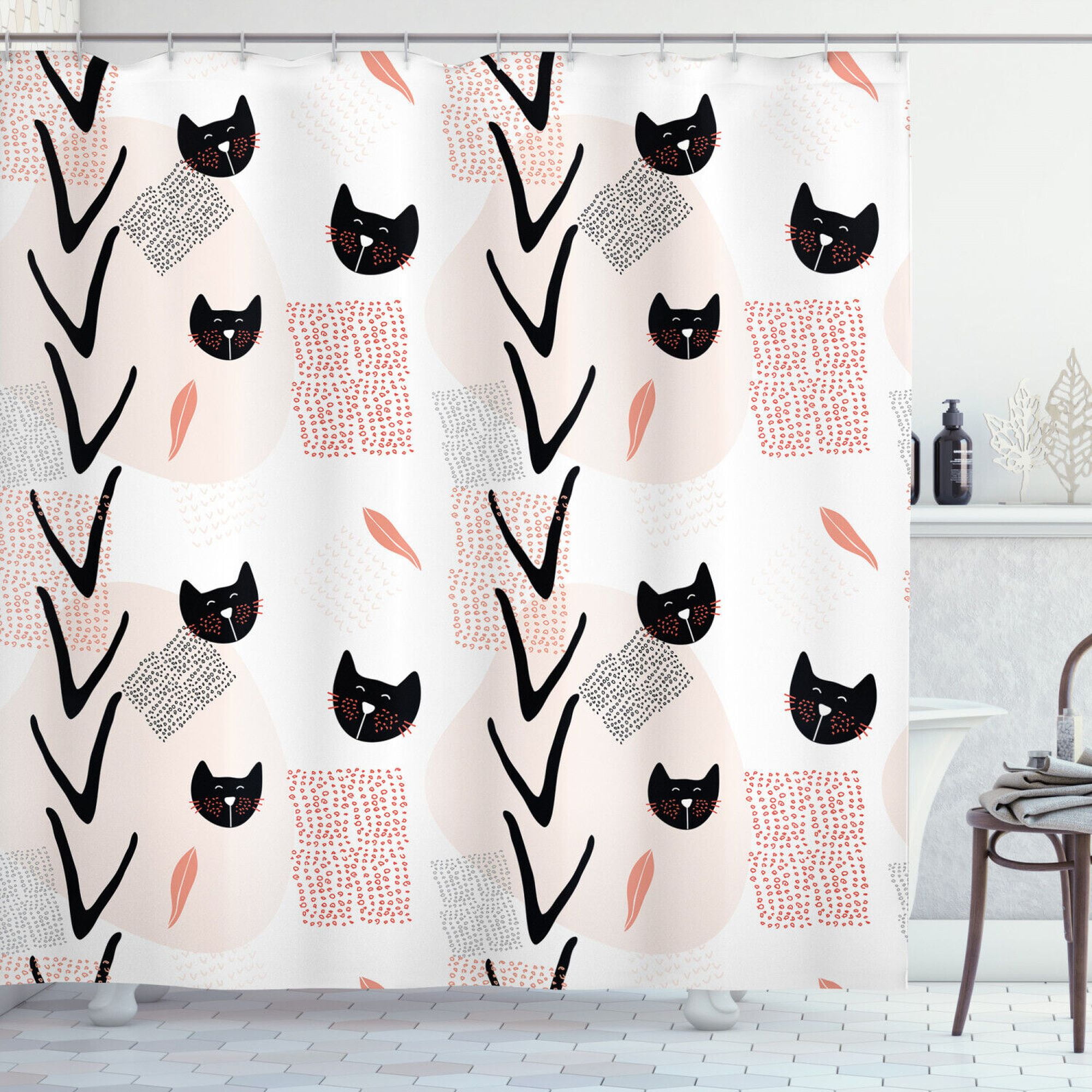 Playful Cat Faces Shower Curtain Adorable Kitten Print With Dotted
