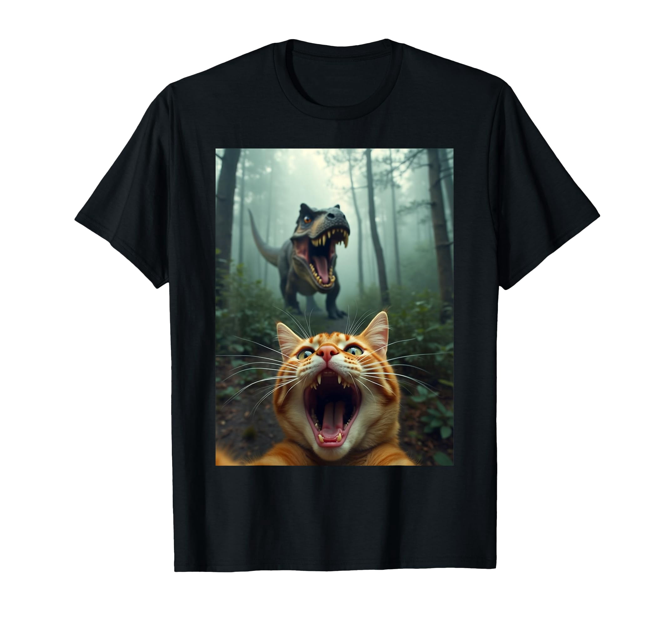 Playful Cat Selfie T-Shirt with Ginger Cat and T-Rex in Misty Forest ...