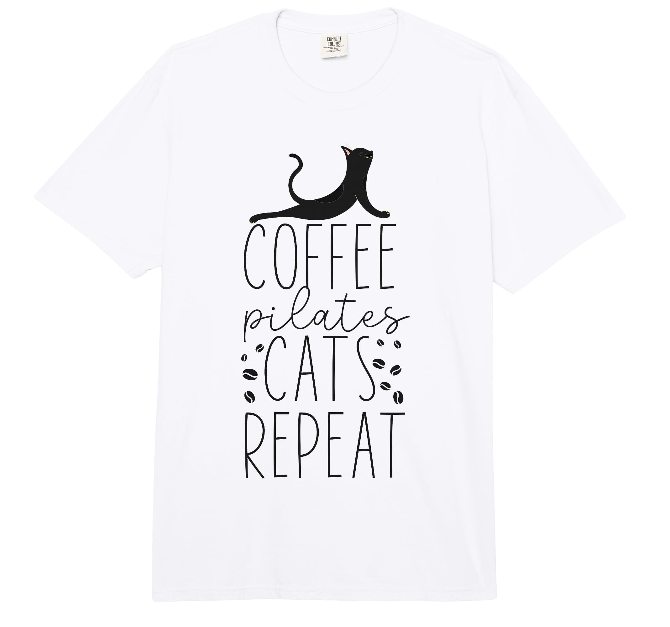 Playful Cat Silhouette Coffee Pilates Cats Repeat T-Shirt for Comfort ...