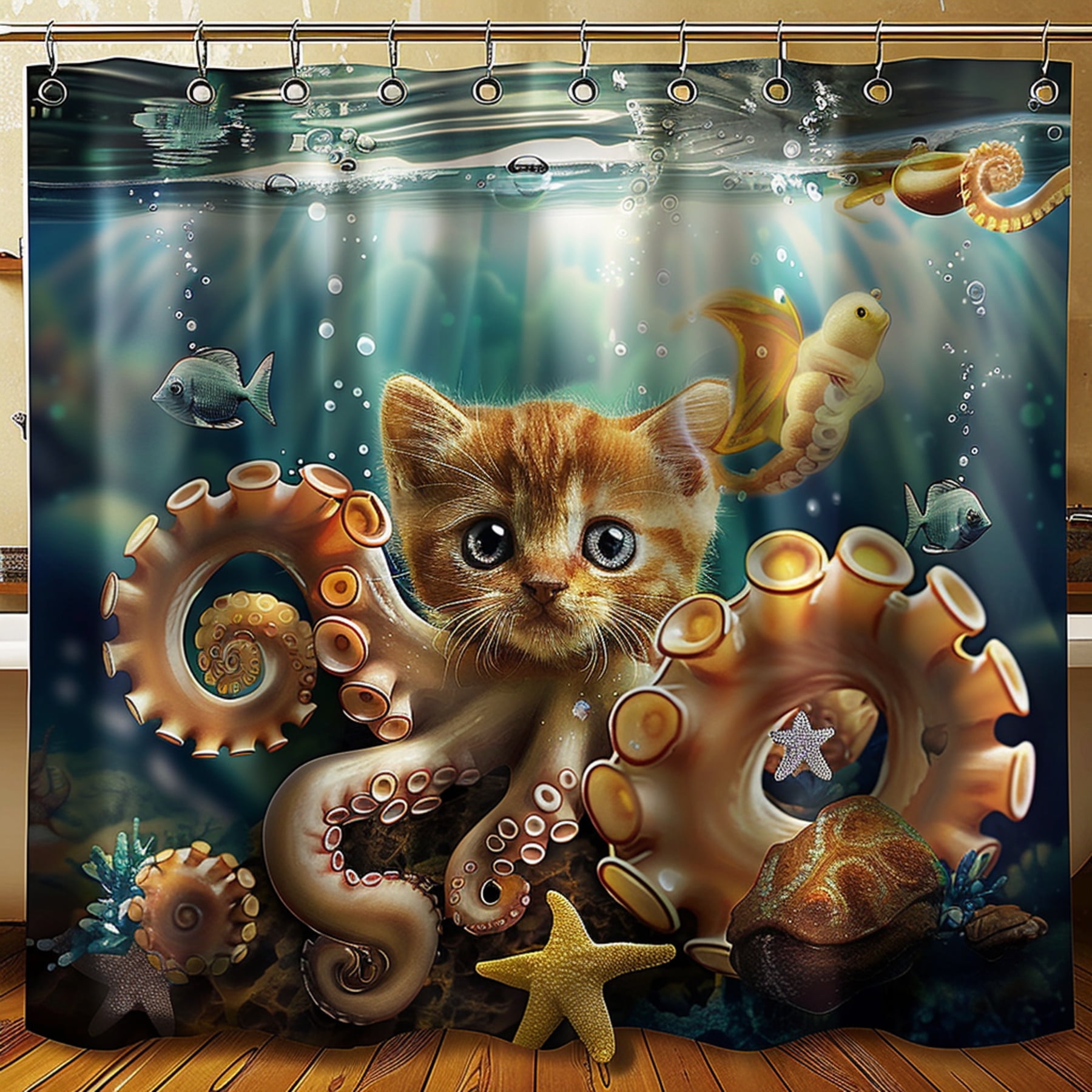 Playful Cat and Octopus Underwater Scene Premium Shower Curtain Design ...