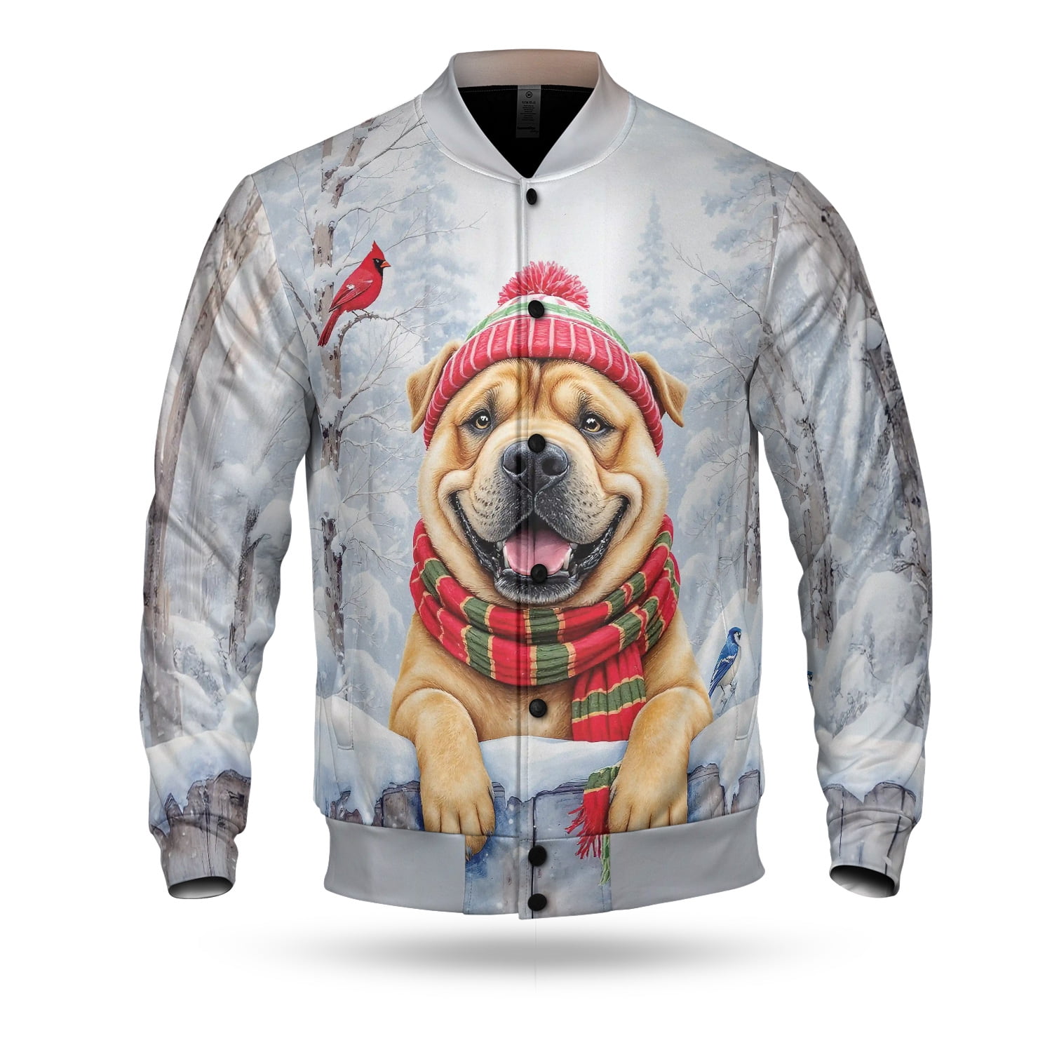 Playful Chinese Shar-Pei Welcomes Winter Snowy Day with Cardinal Bird ...