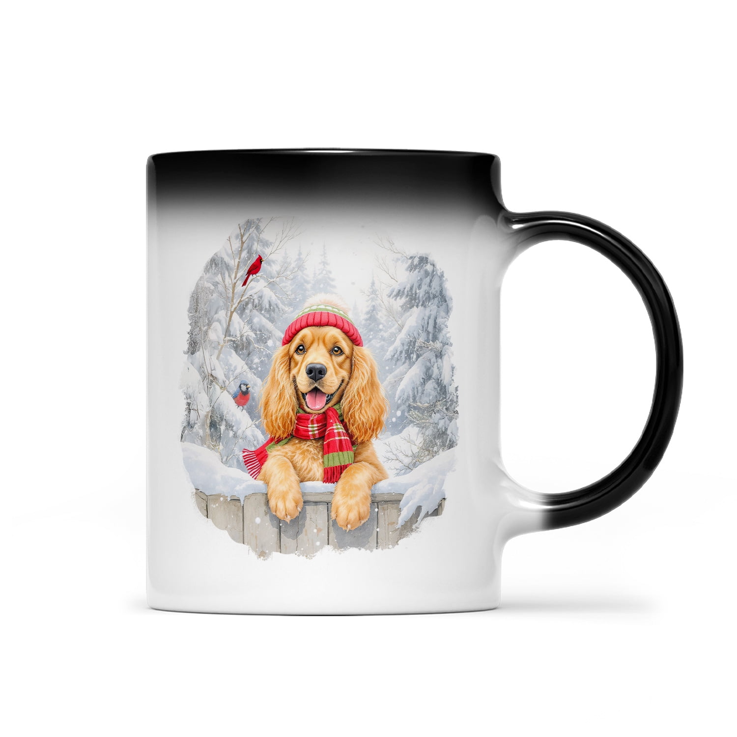 Playful Cocker Spaniel Welcomes Winter Snowy Day with Cardinal Bird ...