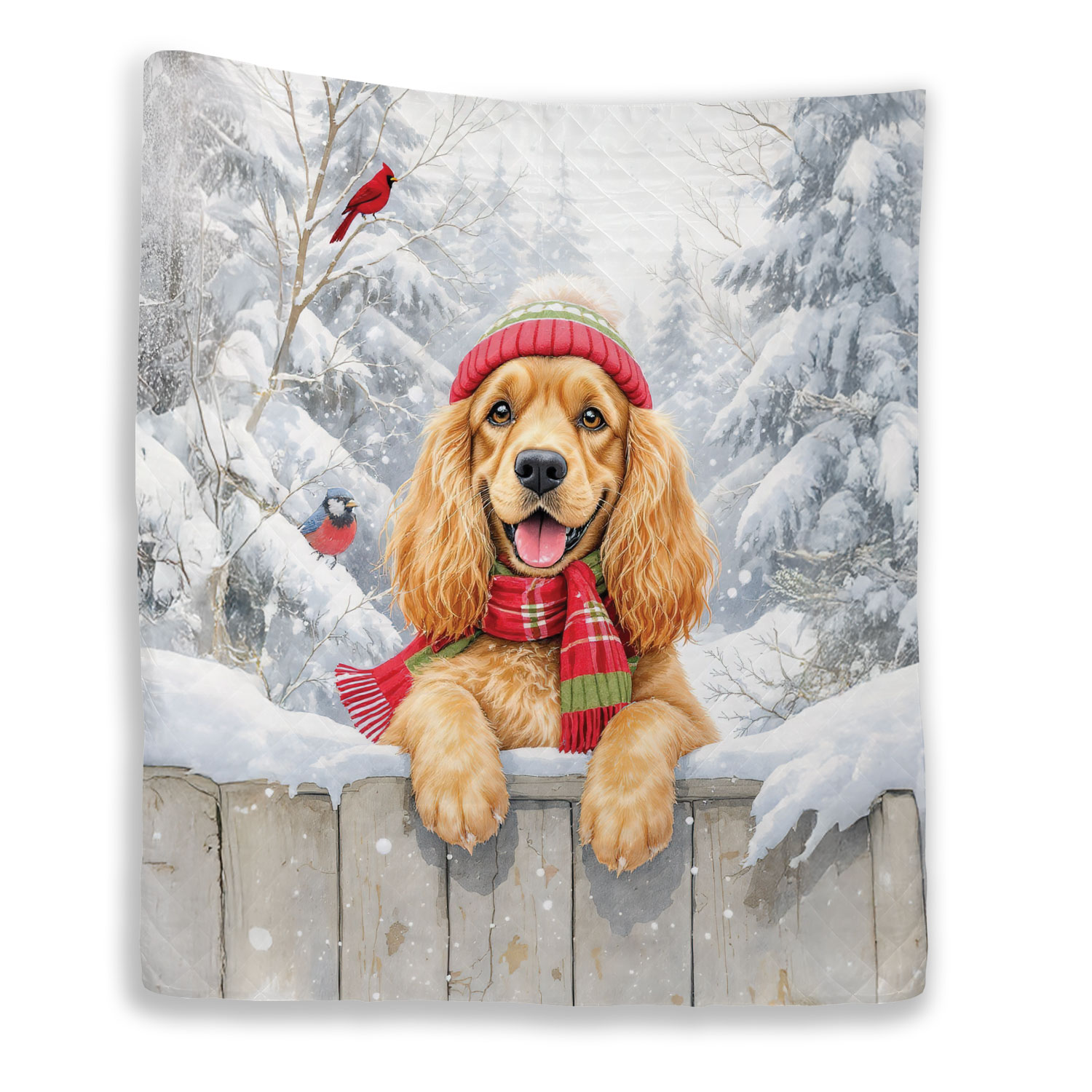 Playful Cocker Spaniel Welcomes Winter Snowy Day with Cardinal Bird ...