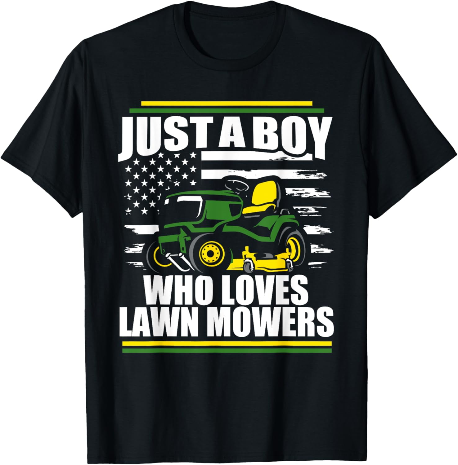 Playful Comfort Tee - Just A Boy Who Loves Lawn Mowers Funny Mower American Flag T-Shirt ...