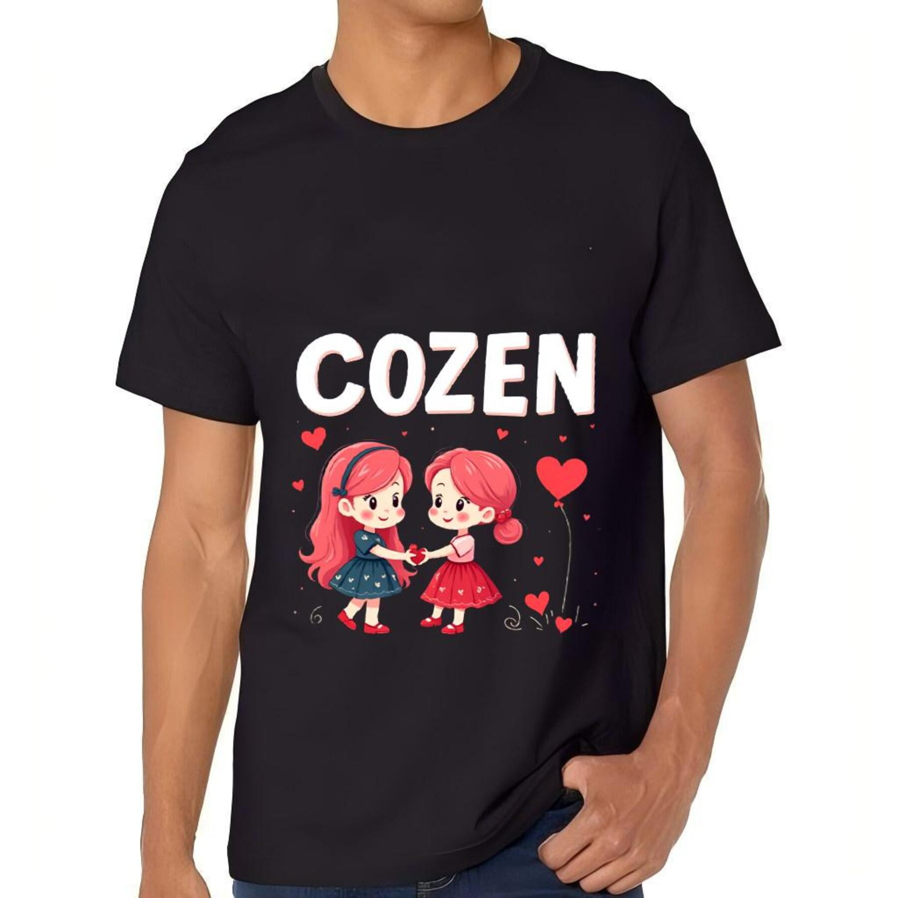 Playful Cotton Short Sleeve T-Shirt for Men - Cartoon Girls with Red ...