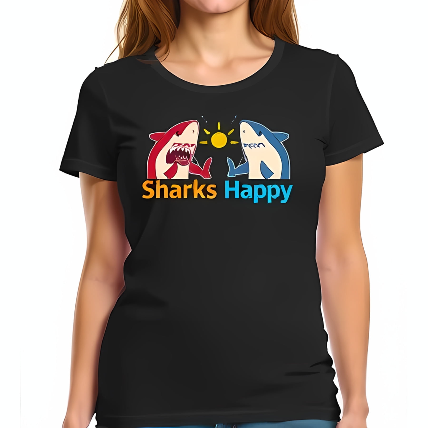 Playful Cotton Short Sleeve T-Shirt with Cartoon Sharks - Red Fierce ...