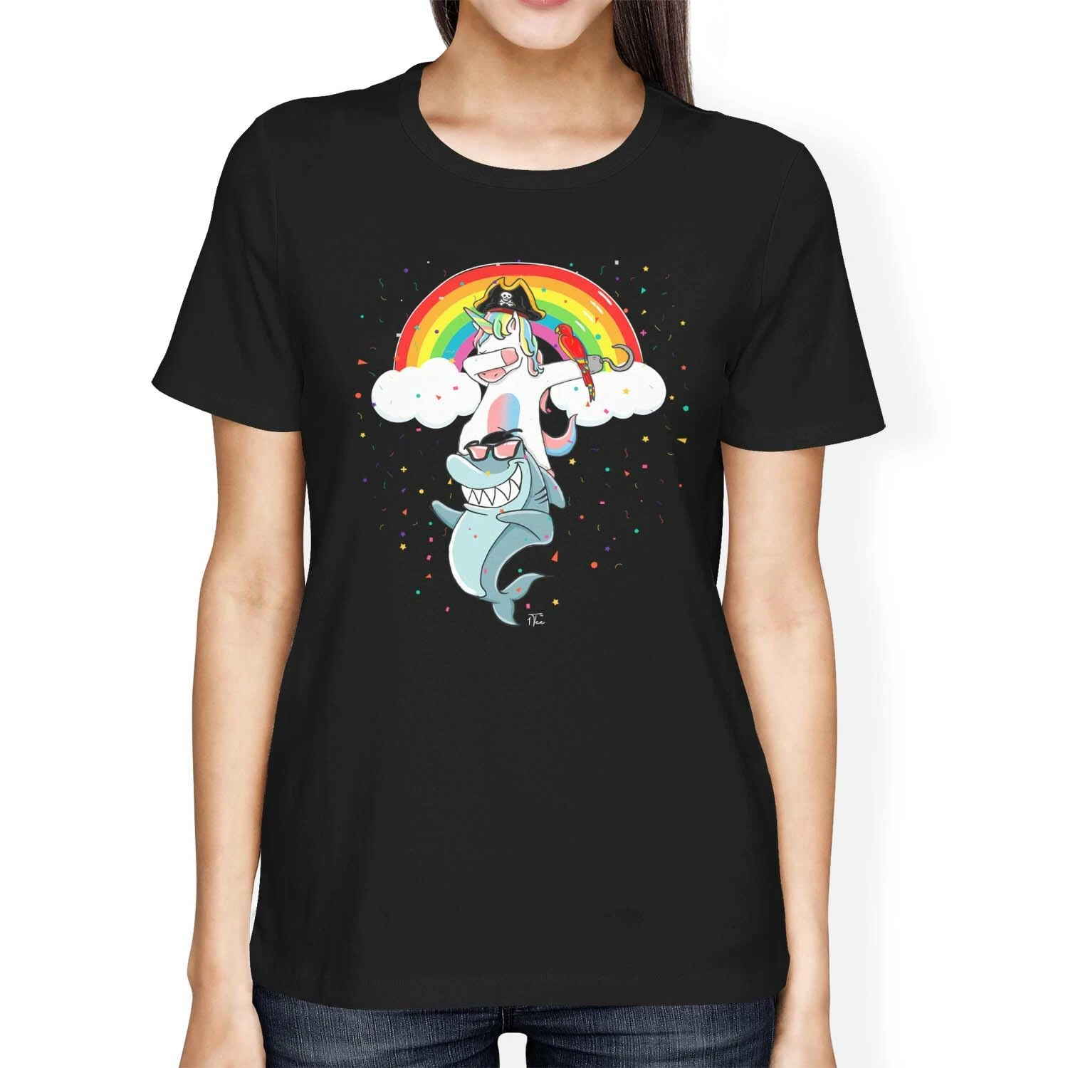 Playful Dabbing Unicorn and Cool Shark Fun Whimsical Duo Art Unisex T ...