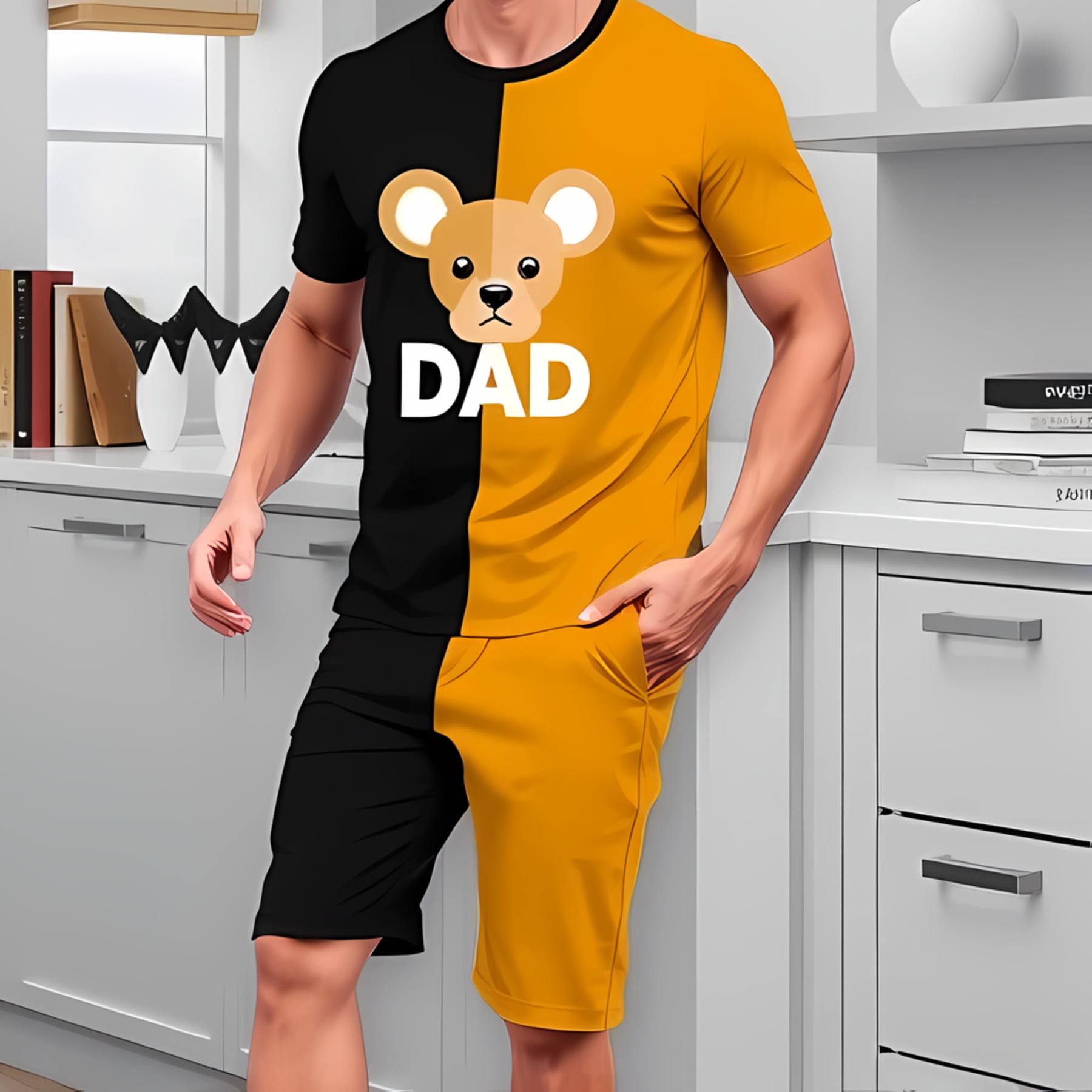 Playful Dad T-Shirt and Shorts Set - Black & Yellow Color Block with ...