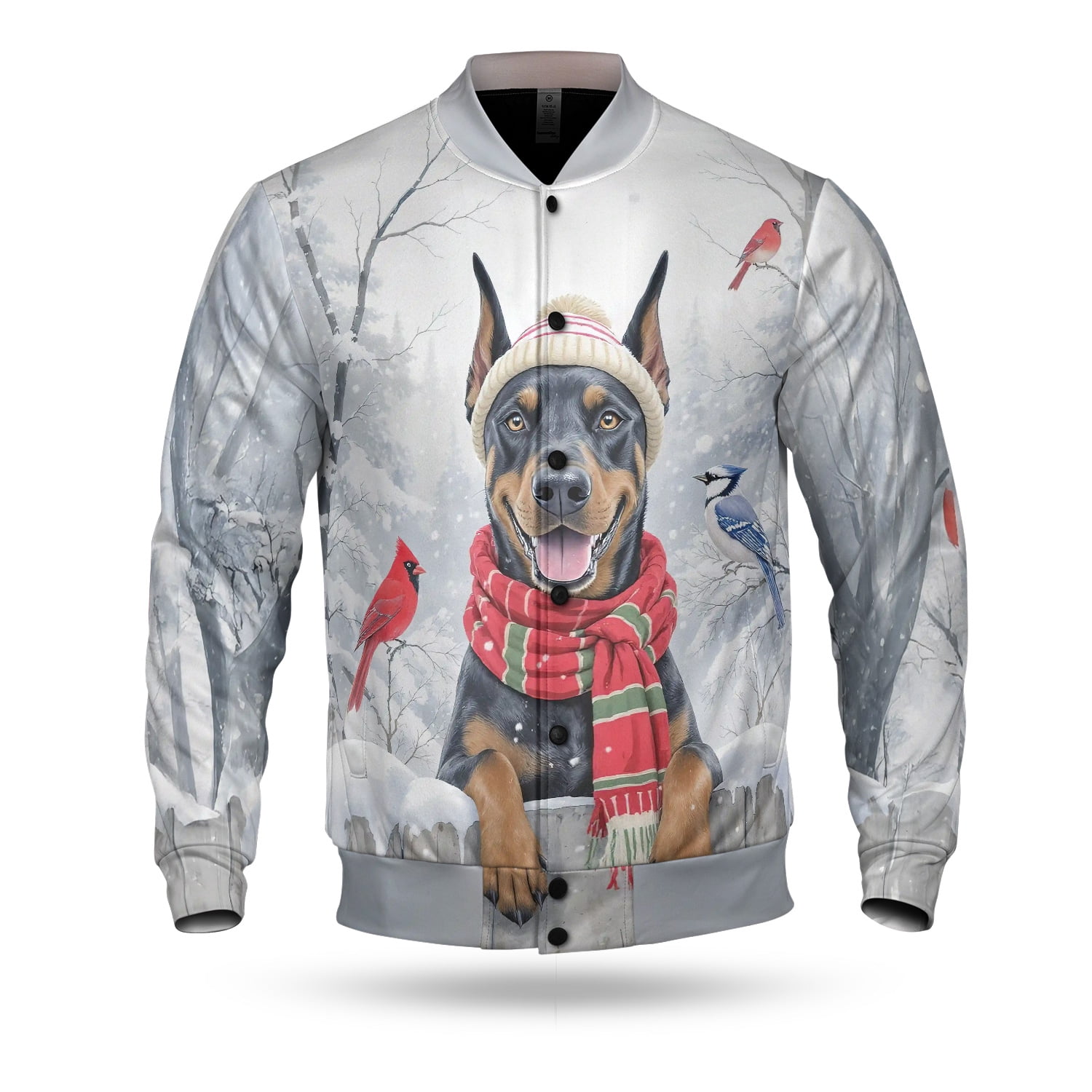 Playful Doberman Pinscher Welcomes Winter Snowy Day with Cardinal Bird ...