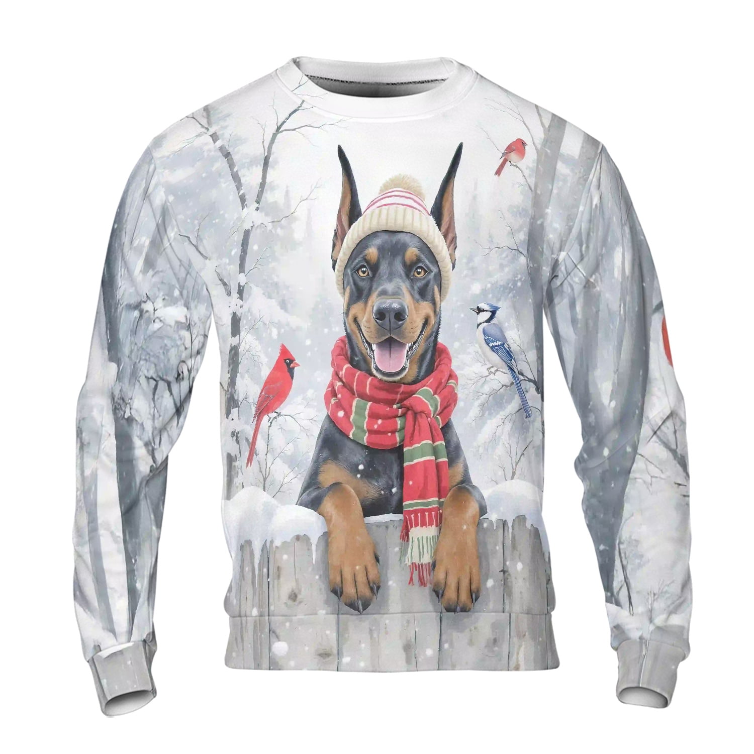 Playful Doberman Pinscher Welcomes Winter Snowy Day with Cardinal Bird ...