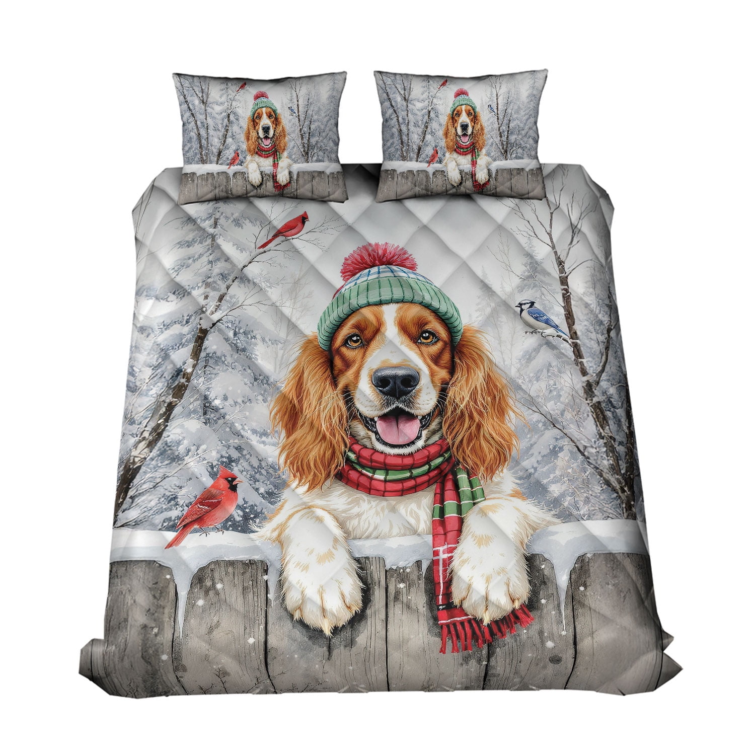 Playful English Setter Welcomes Winter Snowy Day with Cardinal Bird ...