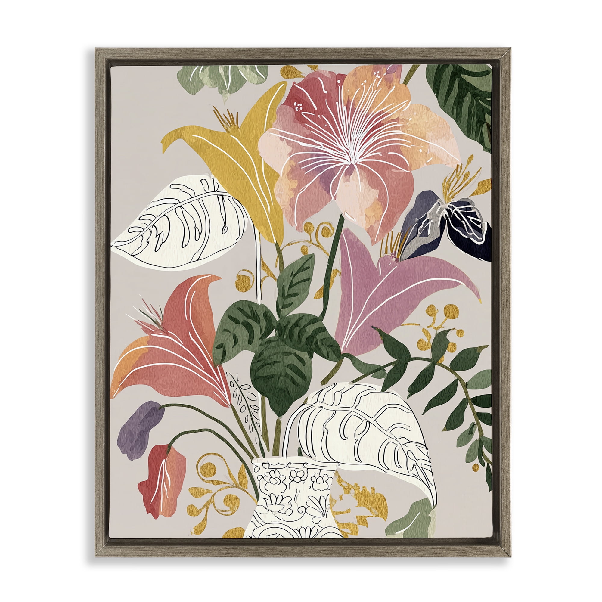 Playful Flower Bouquet Brown Framed Floater Canvas Wall Art, design by ...