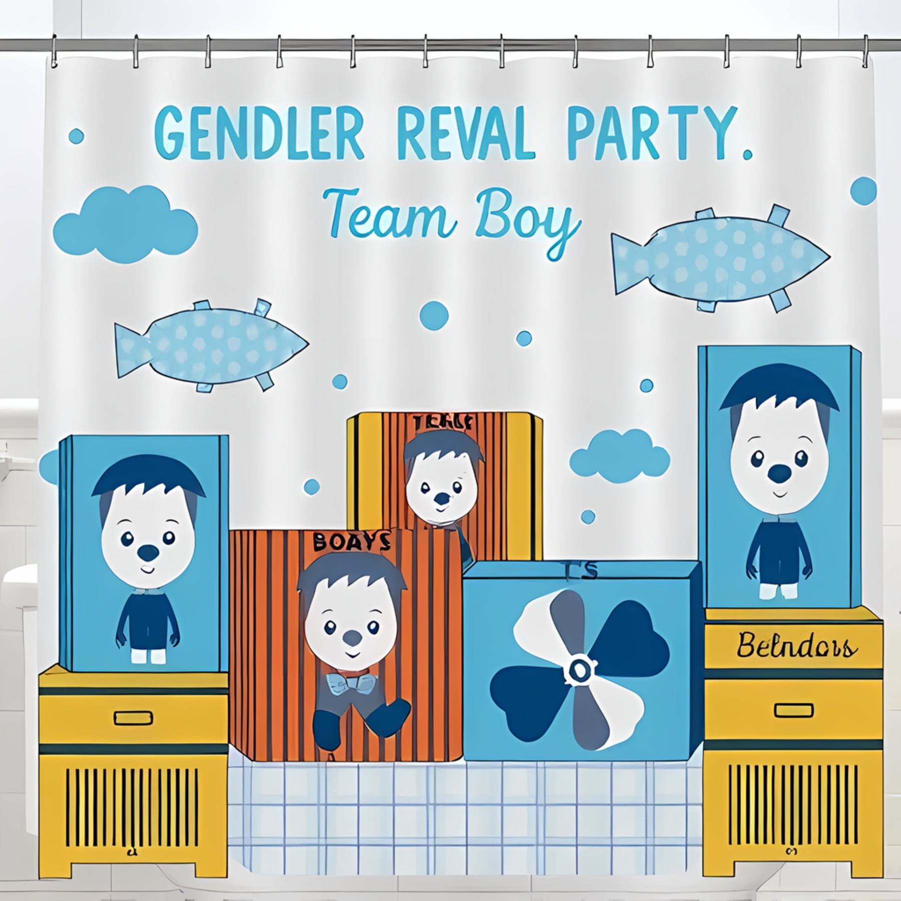Playful Gender Reveal Shower Curtain - Bright Blue Design with Cartoon ...