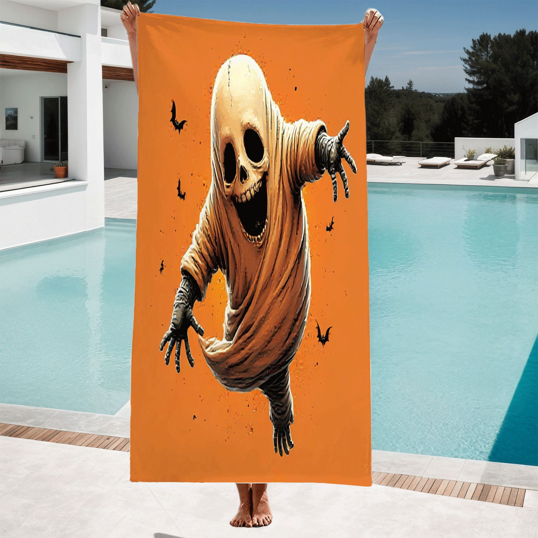 Playful Ghost Beach Towel - Cartoon Skull Face Design Tattered Robe Fun ...