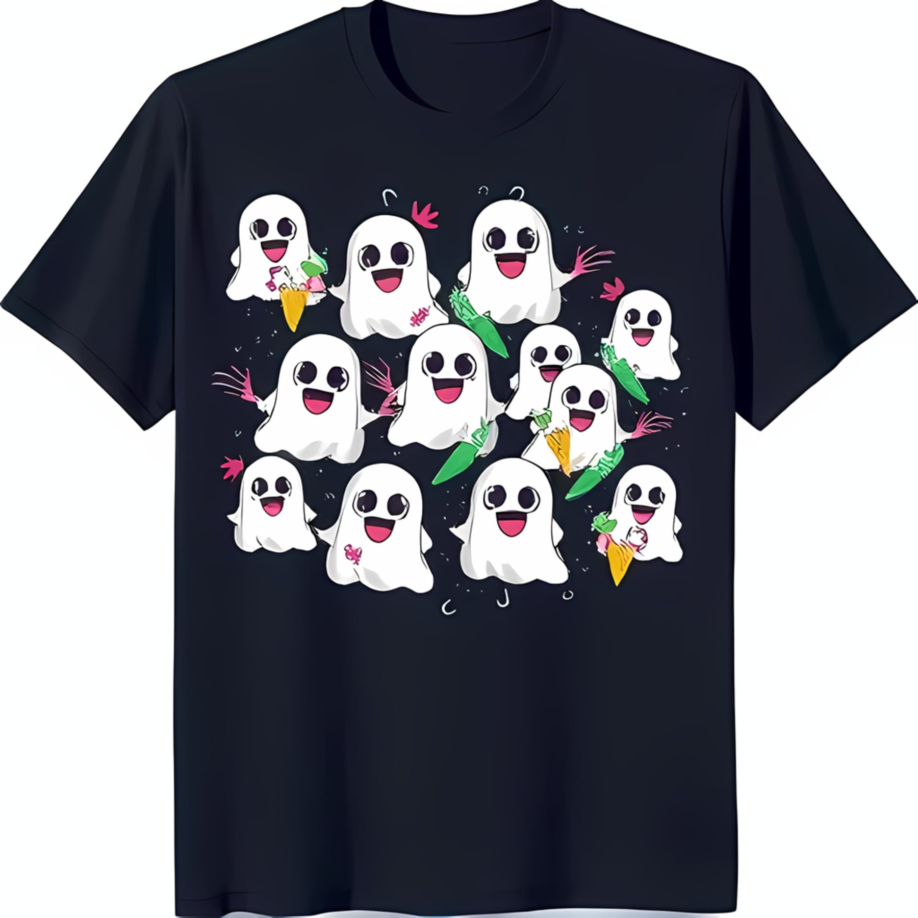 Playful Ghosts with Carrots Graphic on Deep Blue T-Shirt Cute Halloween ...