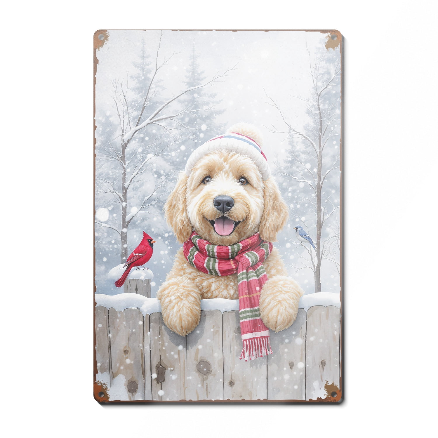 Playful Goldendoodle Welcomes Winter Snowy Day with Cardinal Bird ...