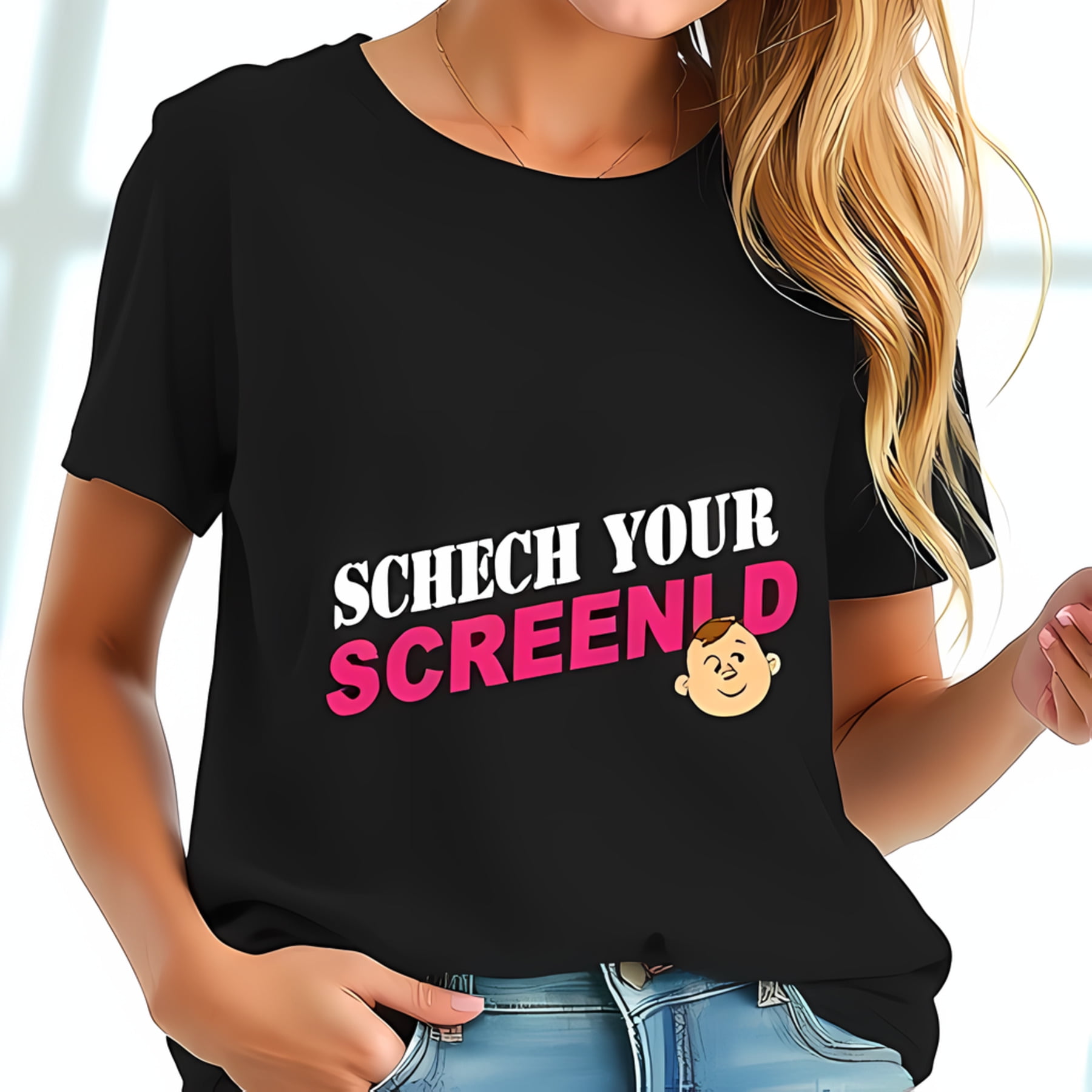 Playful Graphic Cotton Short Sleeve T-Shirt - " SCHECH YOUR SCREENID ...