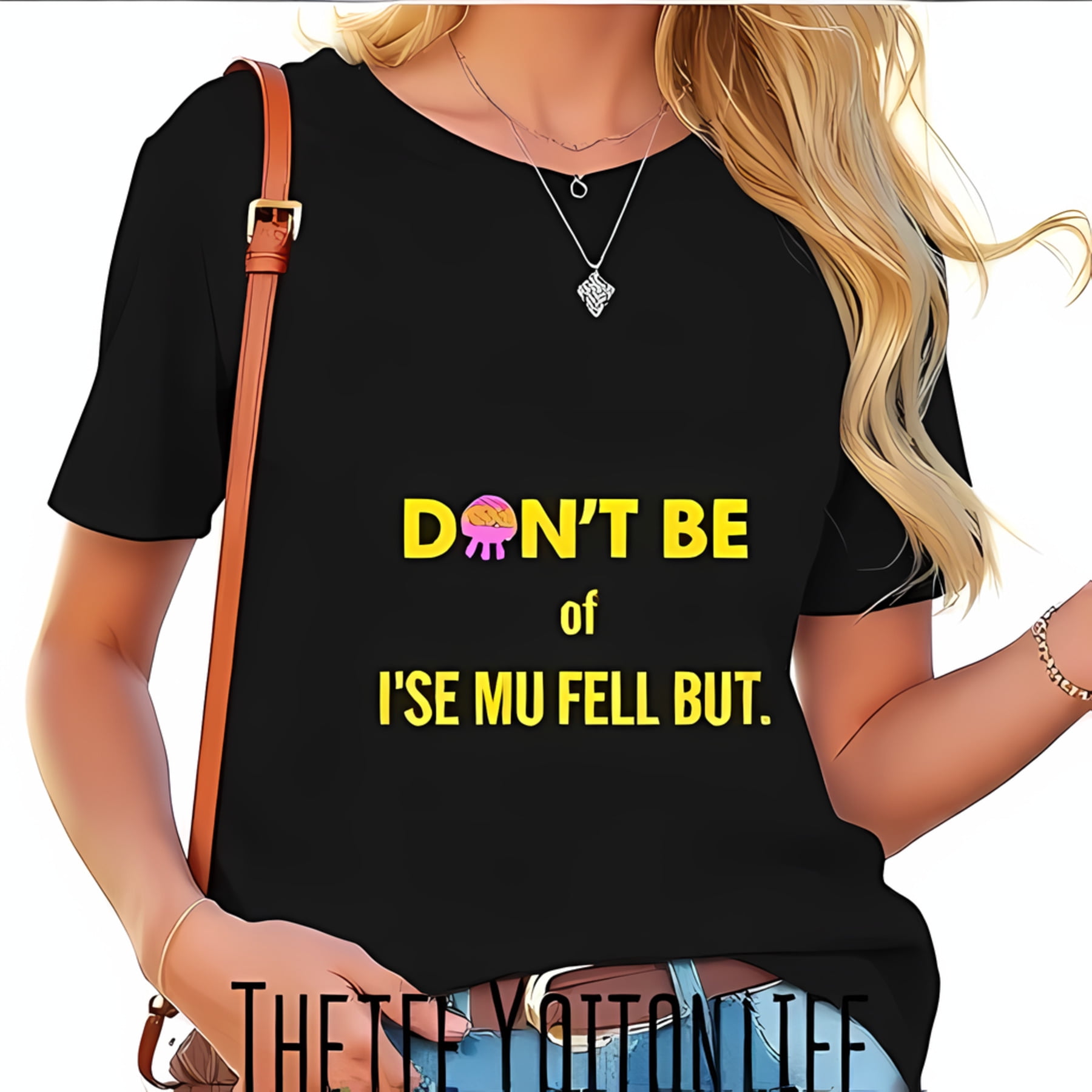 Playful Graphic Cotton Short Sleeve T-Shirt with Bold Yellow Text " DON'T BE of I'SE MU FELL BUT ...