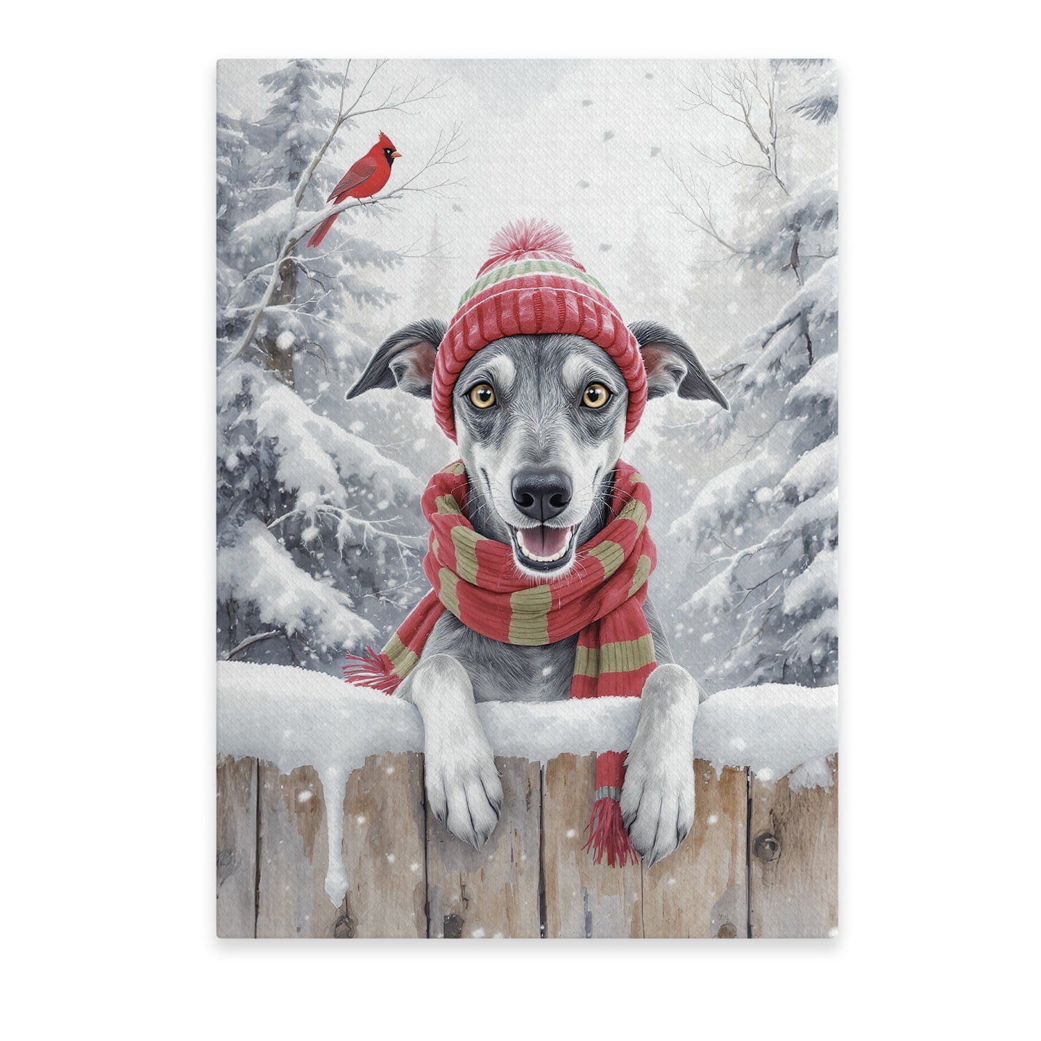Playful Italian Greyhound Welcomes Winter Snowy Day with Cardinal Bird ...