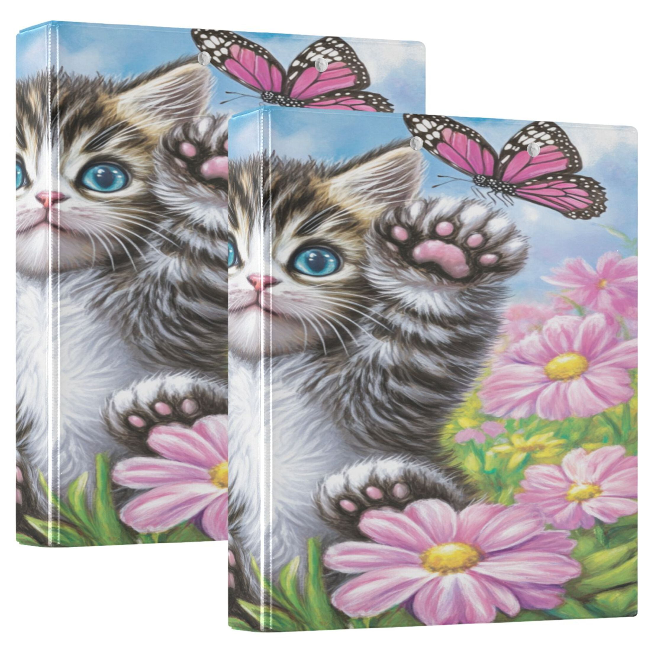Playful Kitten with Butterflies 12.4x10.6in PVC Round Ring Binders, 2 ...