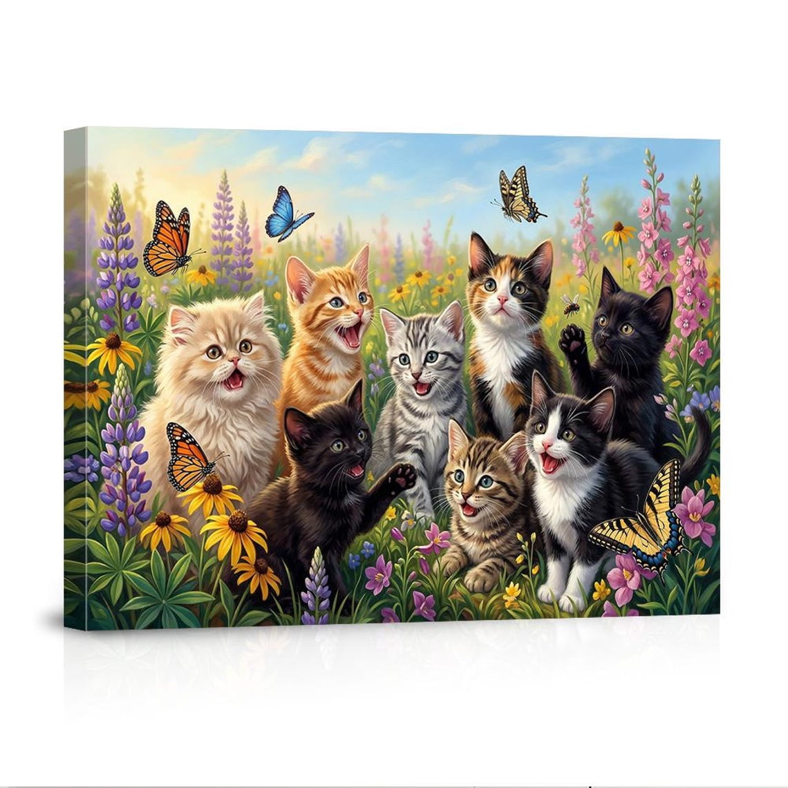 Playful Kittens Floral Meadow Cute Cats Butterflies Wildflowers For ...