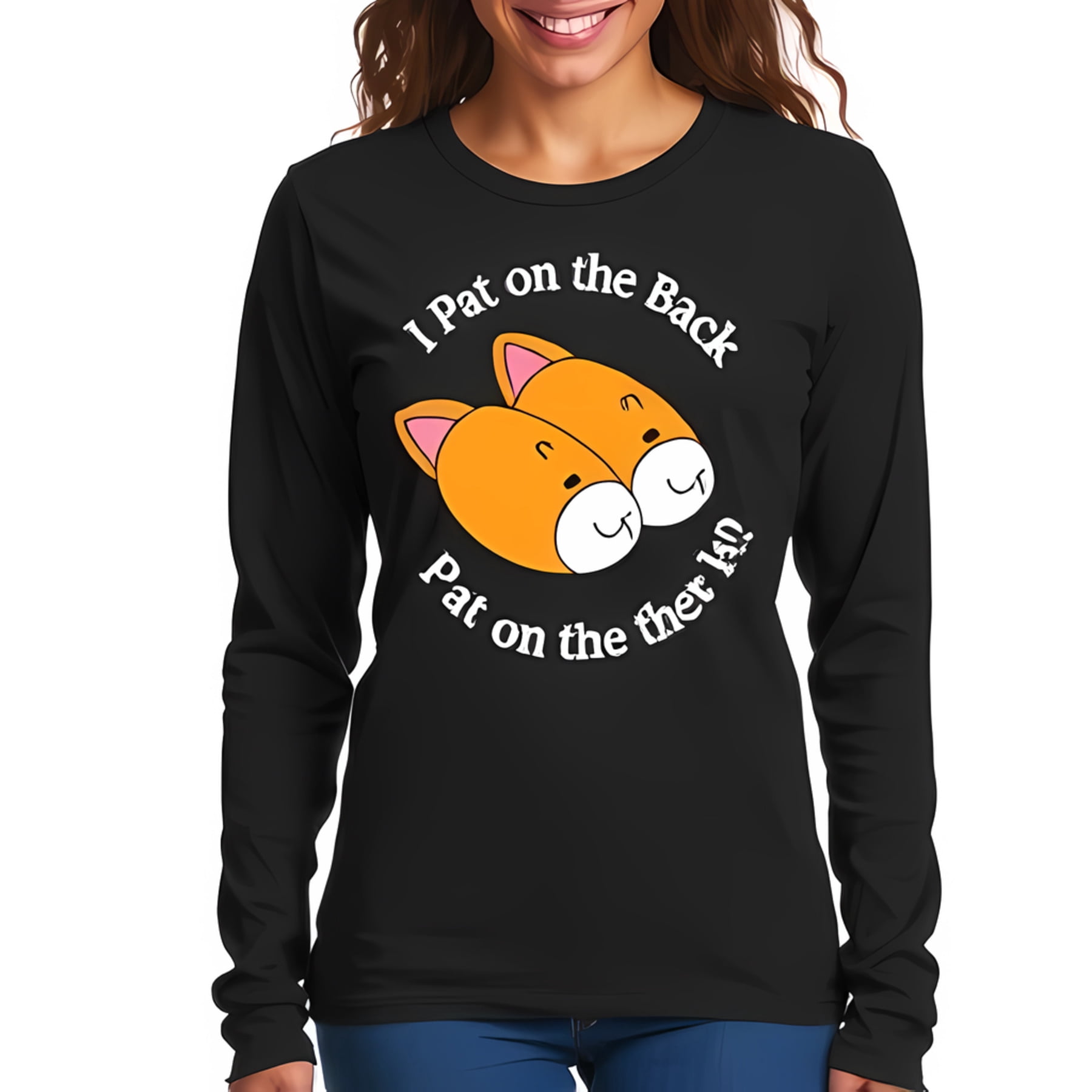 Playful Long Sleeve Black T-Shirt with Cartoon Fox Faces & Whimsical 'I ...