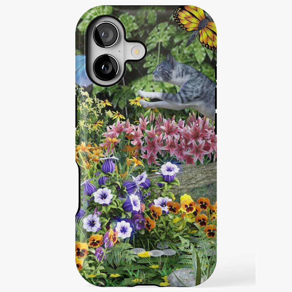 Playful Mog Cat Catching Butterflies in Garden Art iPhone Case 17 11 12 ...