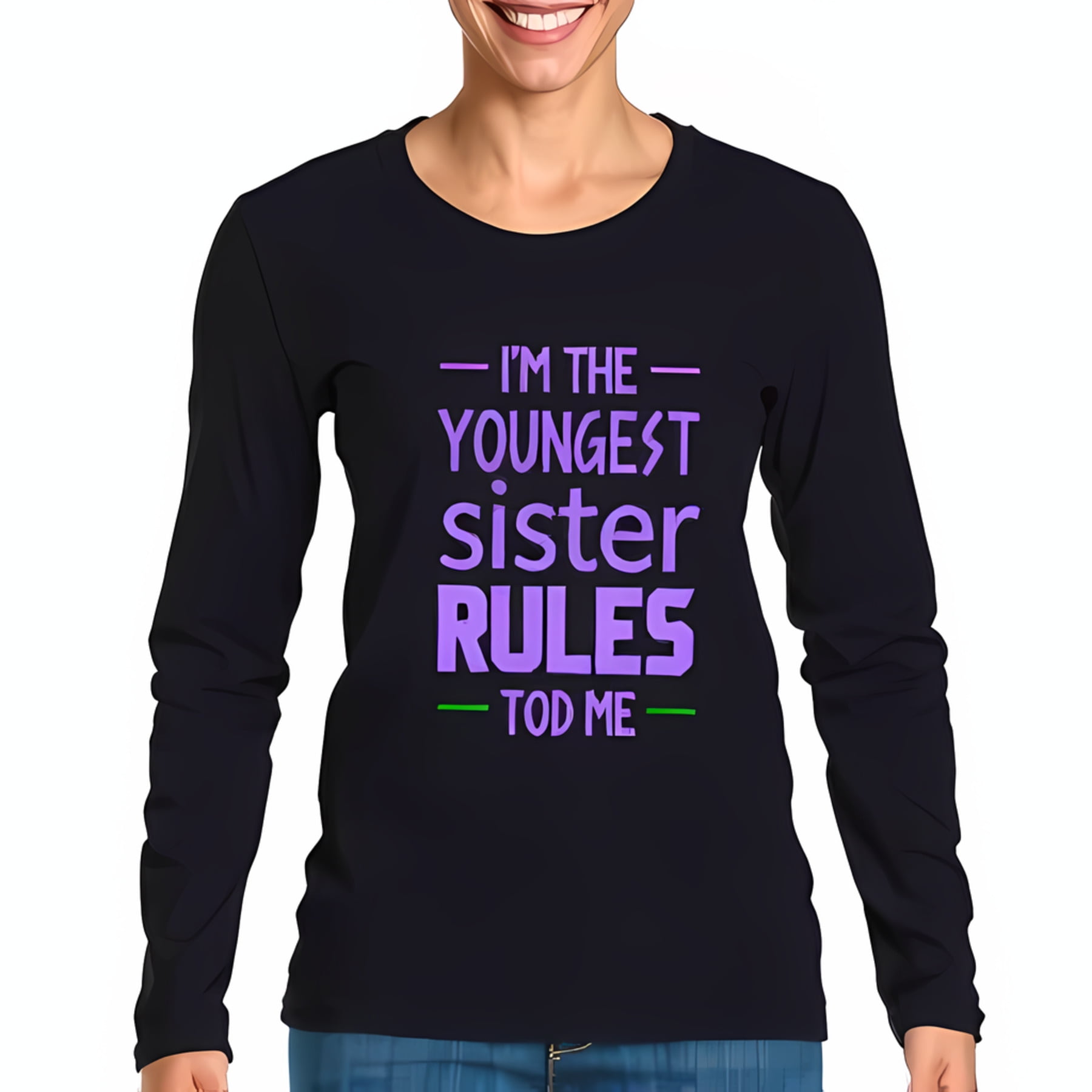 Playful Navy Blue Long Sleeve T-Shirt for Youngest Sisters - " I'm the Youngest Sister RULES ...