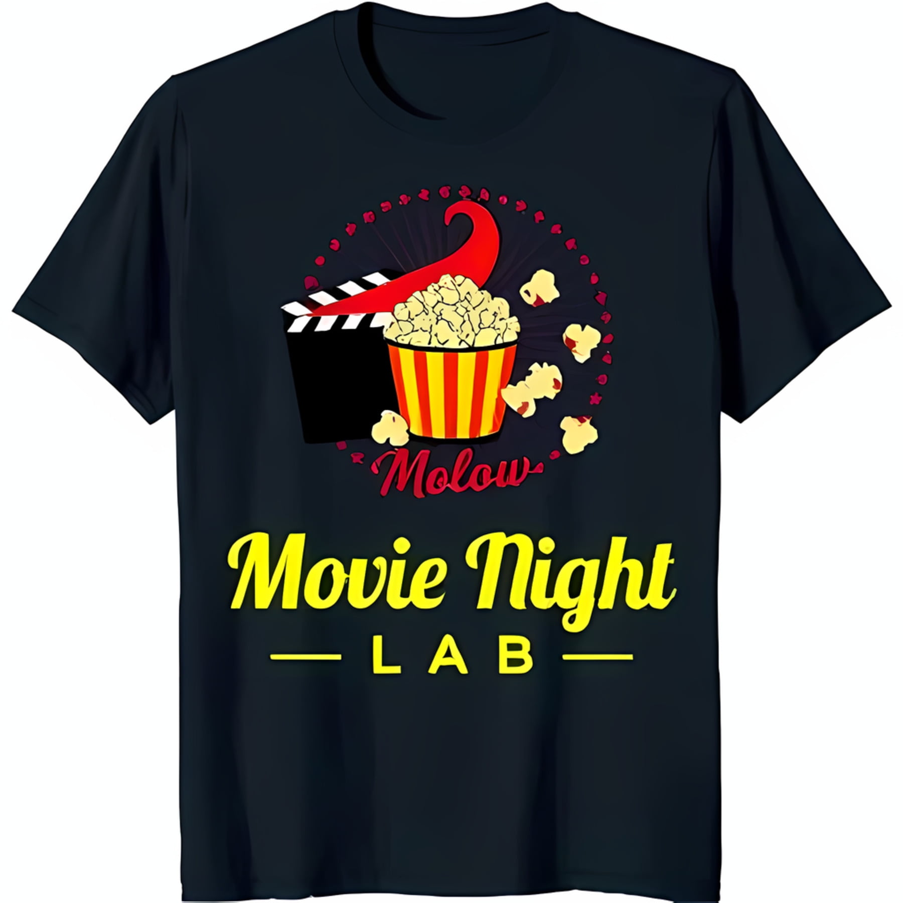 Playful Night Black T-Shirt with Popcorn & Clapperboard Design 'Molow ...
