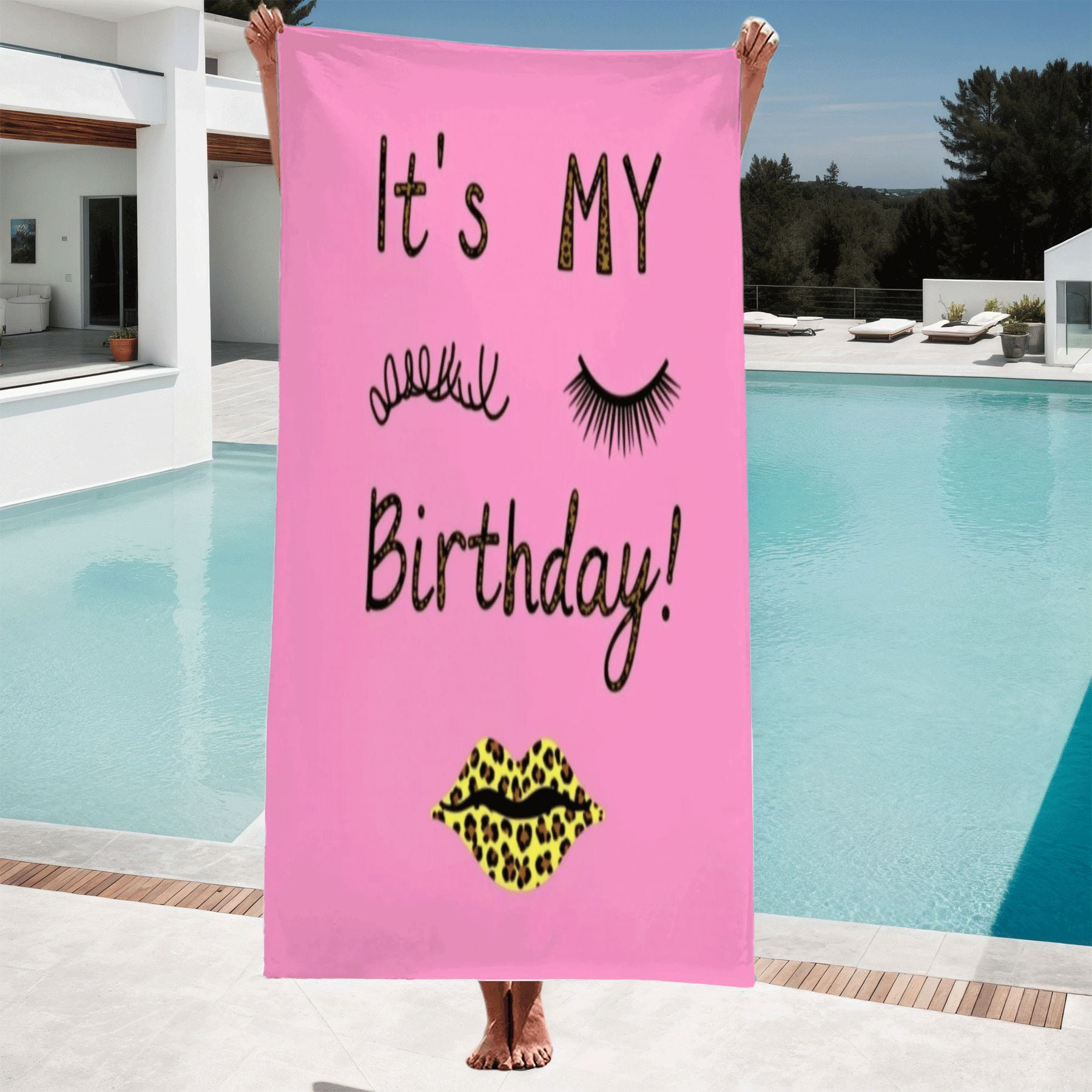 Playful Pink Birthday Beach Towel - Fun Cursive Text Print Lips ...