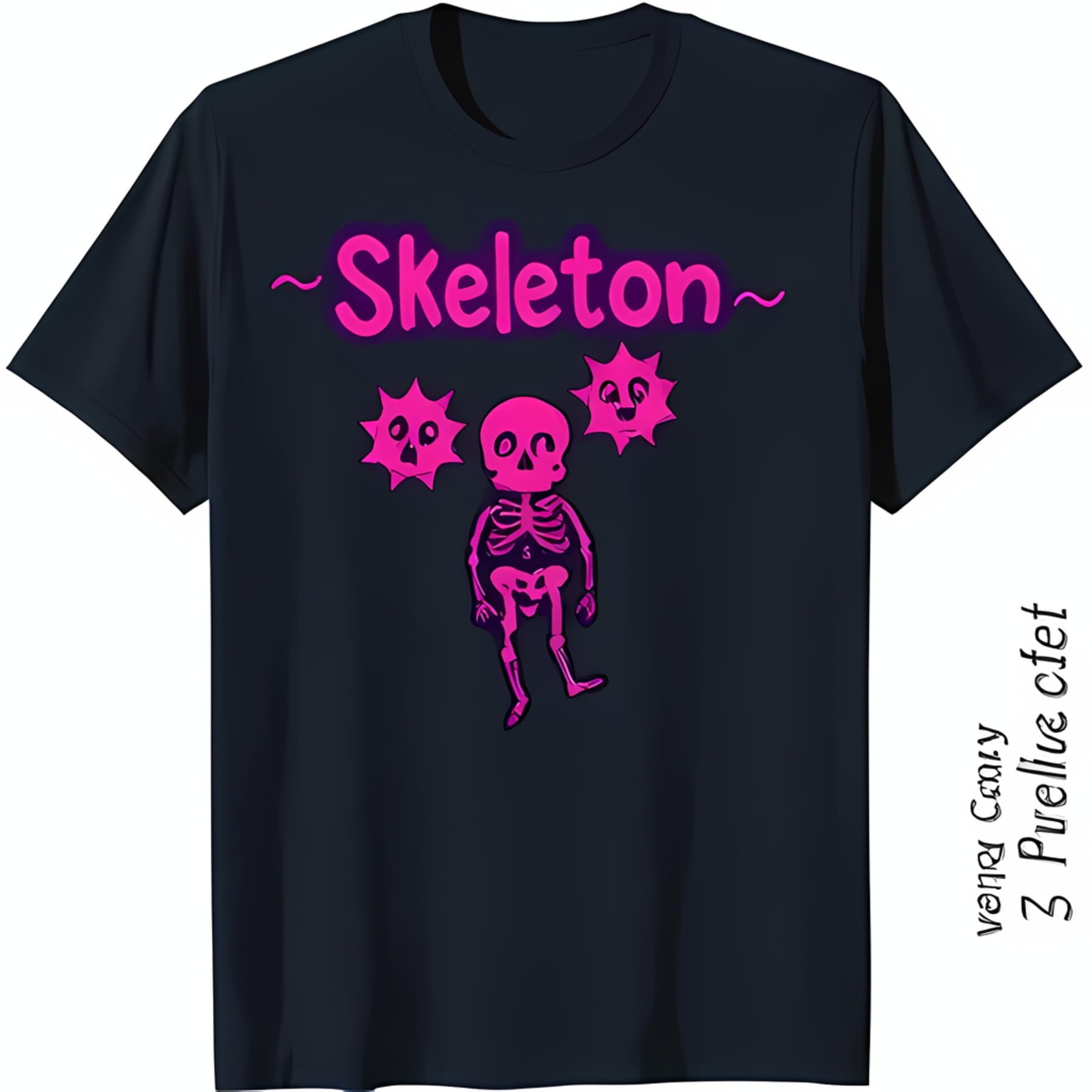 Playful Pink Cartoon Skeleton Black T-Shirt with Stars & Fun 'Skeleton ...