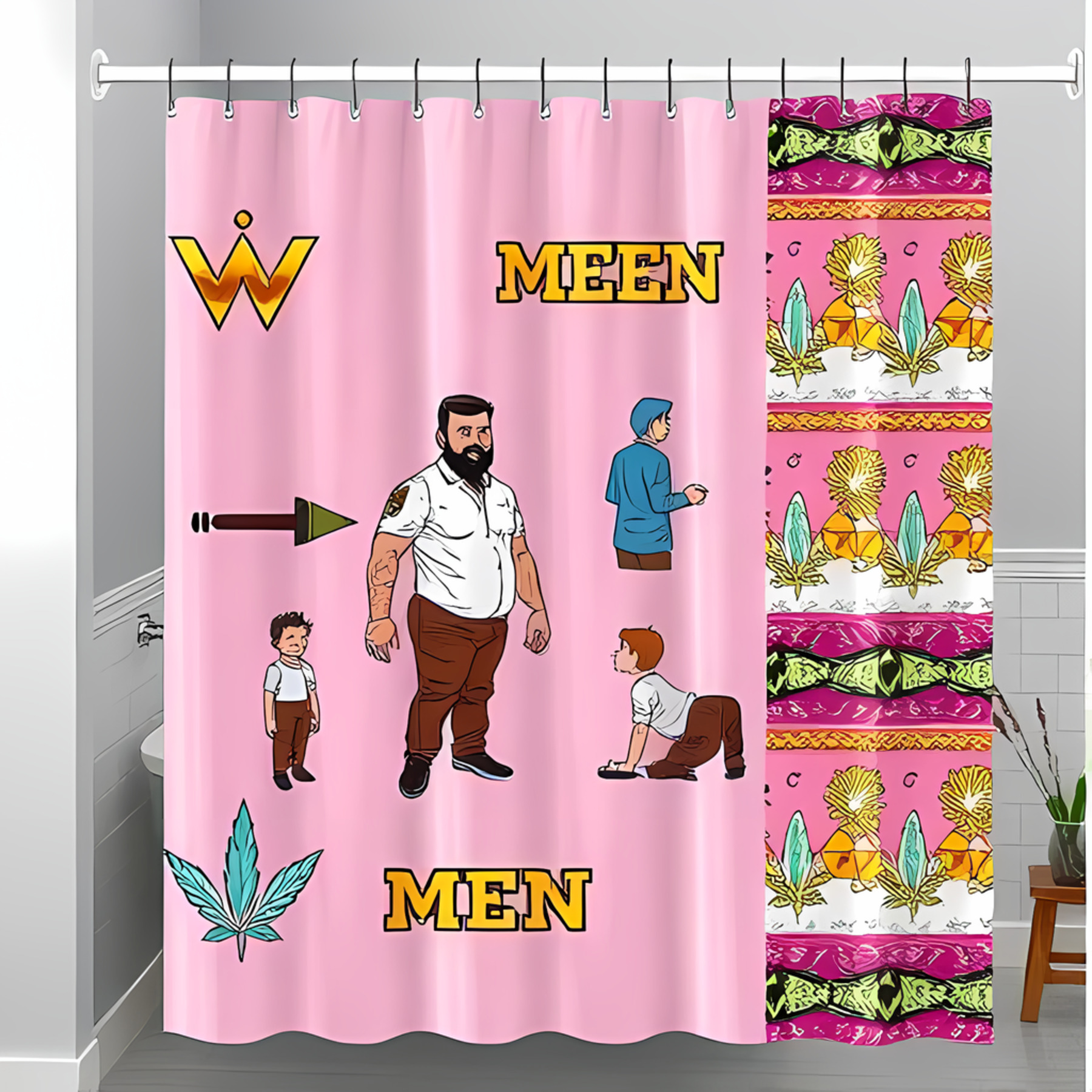 Playful Pink Shower Curtain with Cartoon Characters Golden 'MEEN' Text ...