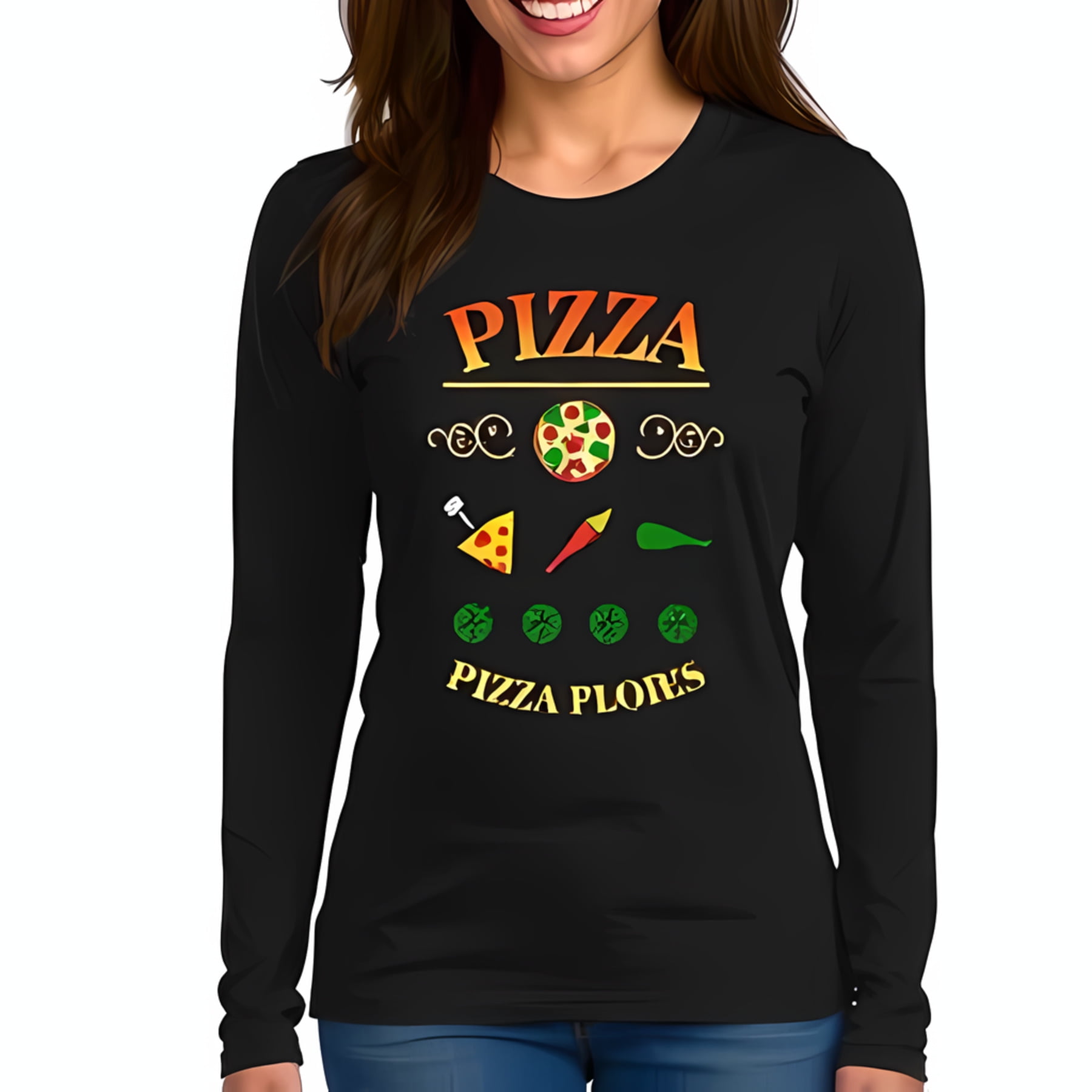 Playful Pizza-Themed Long Sleeve T-Shirt with Vibrant 'Pizza' Headline ...