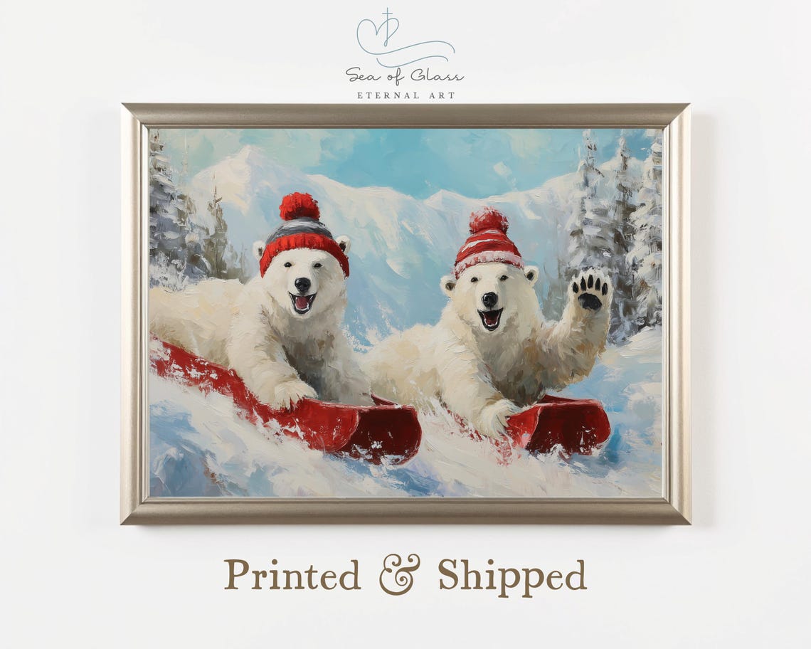 Playful Polar Bears Sledding Poster Art, Winter Decor, Winter Landscape ...