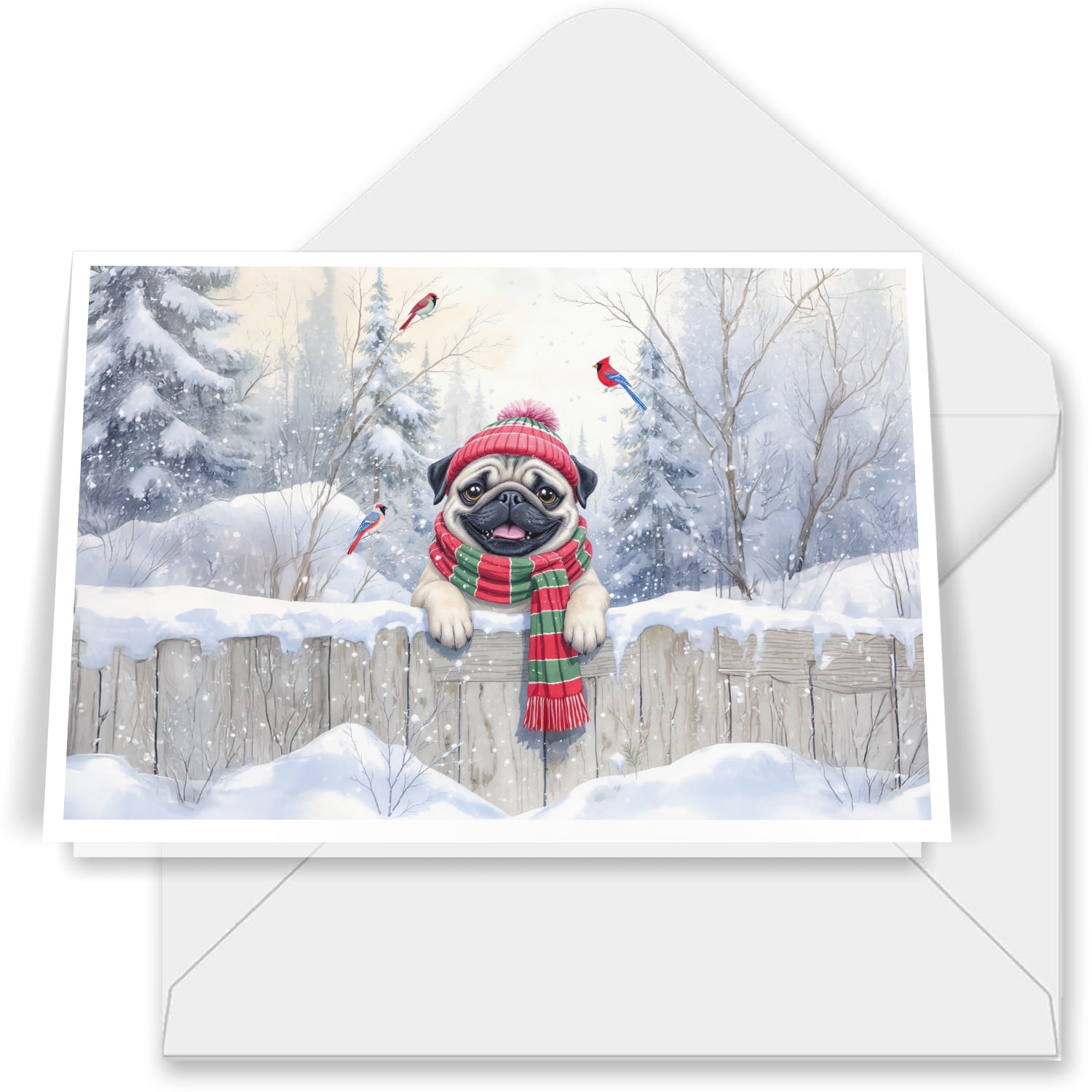 Playful Pug Welcomes Winter Snowy Day with Cardinal Bird 7x5in Folded ...