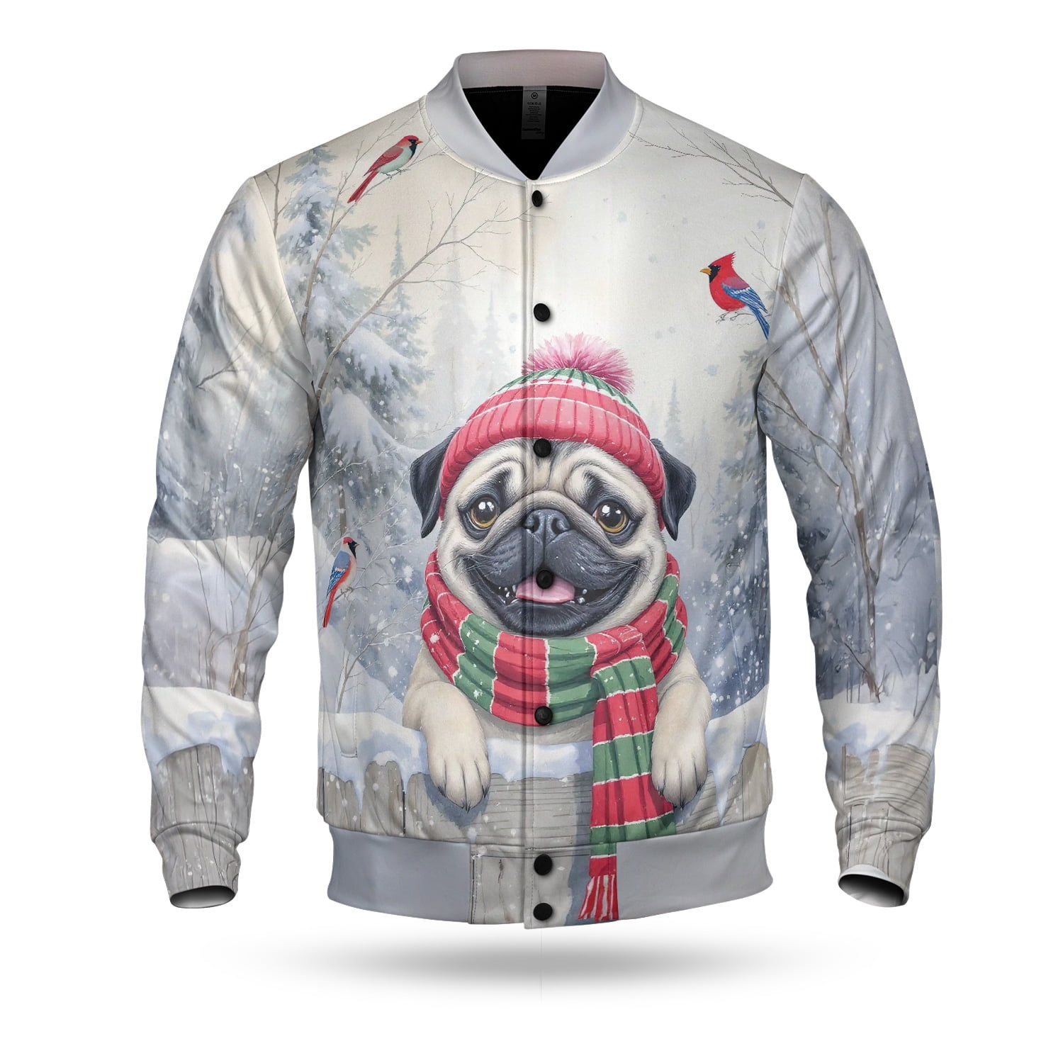 Playful Pug Welcomes Winter Snowy Day with Cardinal Bird All Over Print ...