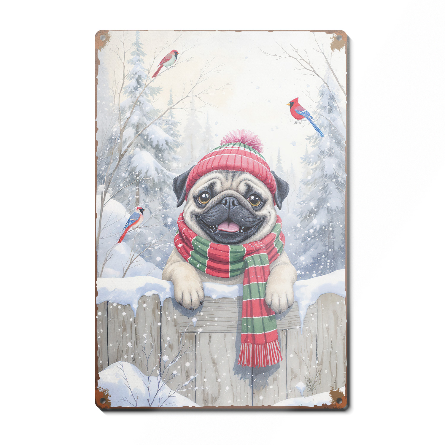 Playful Pug Welcomes Winter Snowy Day with Cardinal Bird Vertical Metal ...