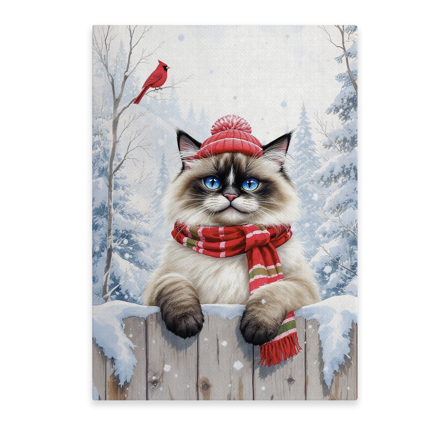 Playful Ragdoll Welcomes Winter Snowy Day with Cardinal Bird Vertical ...