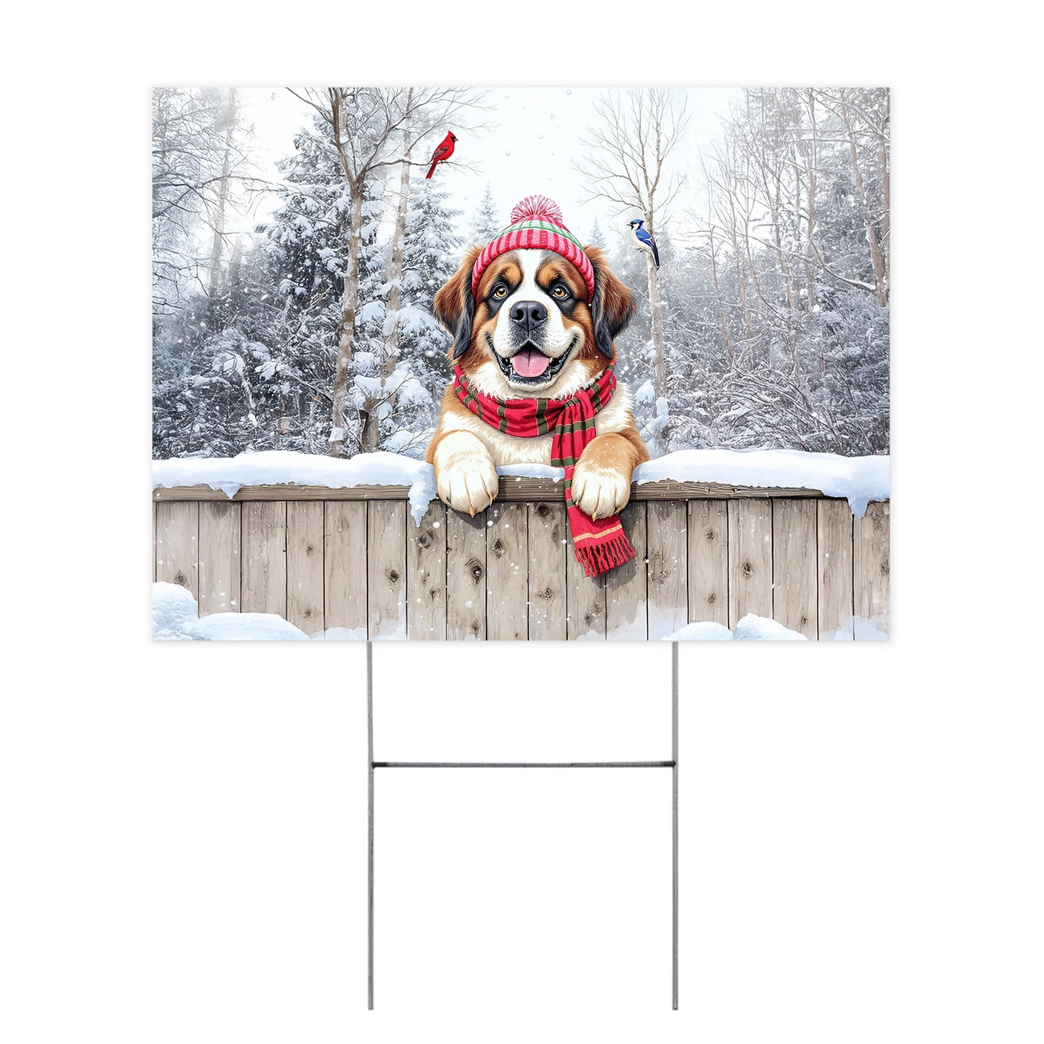 Playful Saint Bernard Welcomes Winter Snowy Day with Cardinal Bird Yard ...
