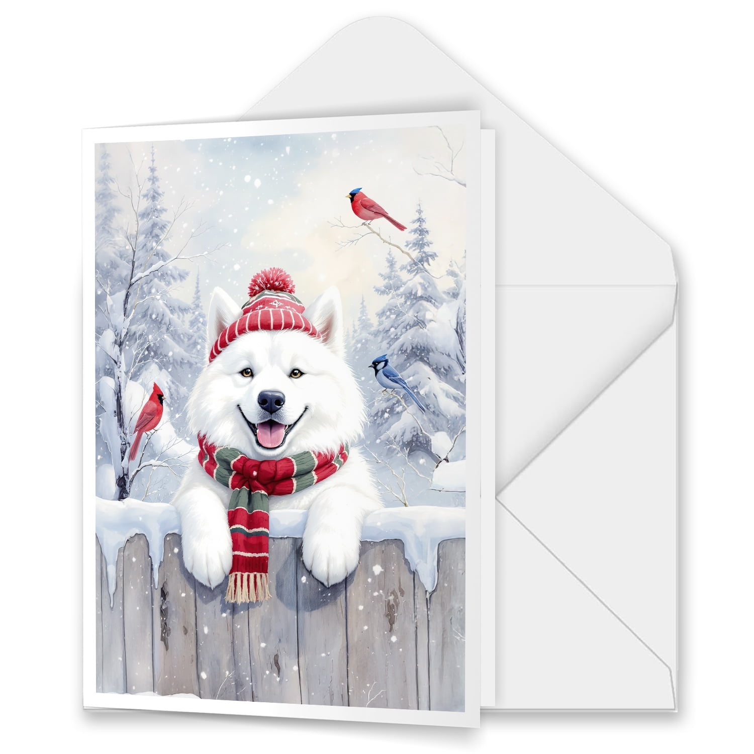 Playful Samoyed Welcomes Winter Snowy Day with Cardinal Bird 5x7in ...