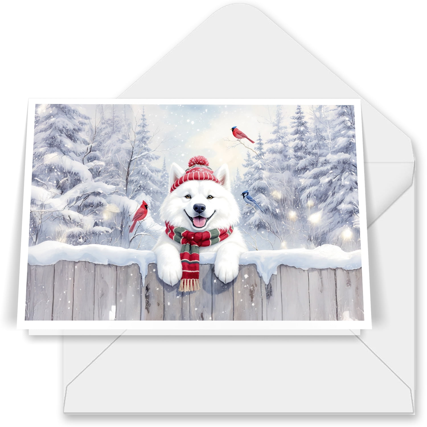 Playful Samoyed Welcomes Winter Snowy Day with Cardinal Bird 7x5in ...