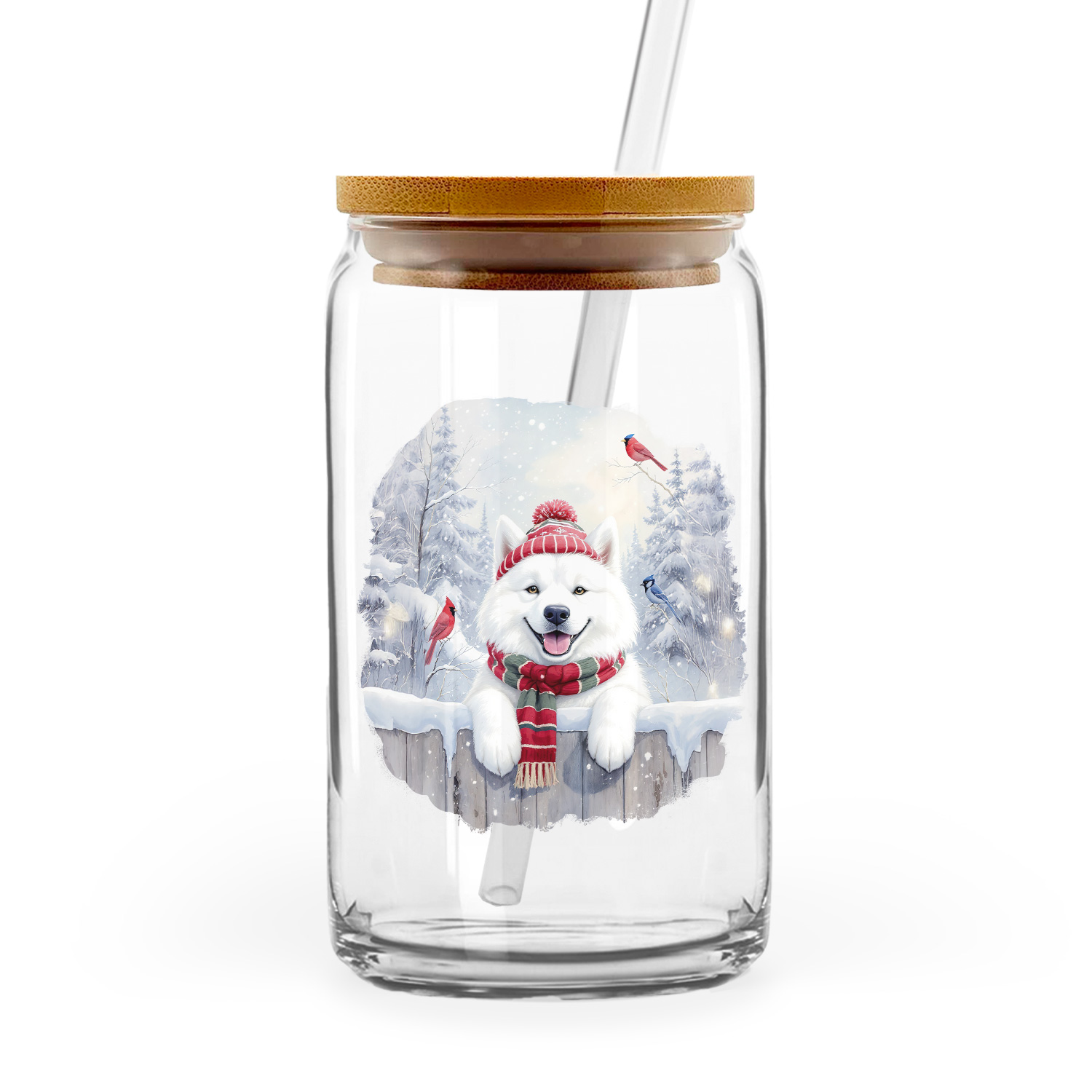 Playful Samoyed Welcomes Winter Snowy Day with Cardinal Bird 16oz Glass ...