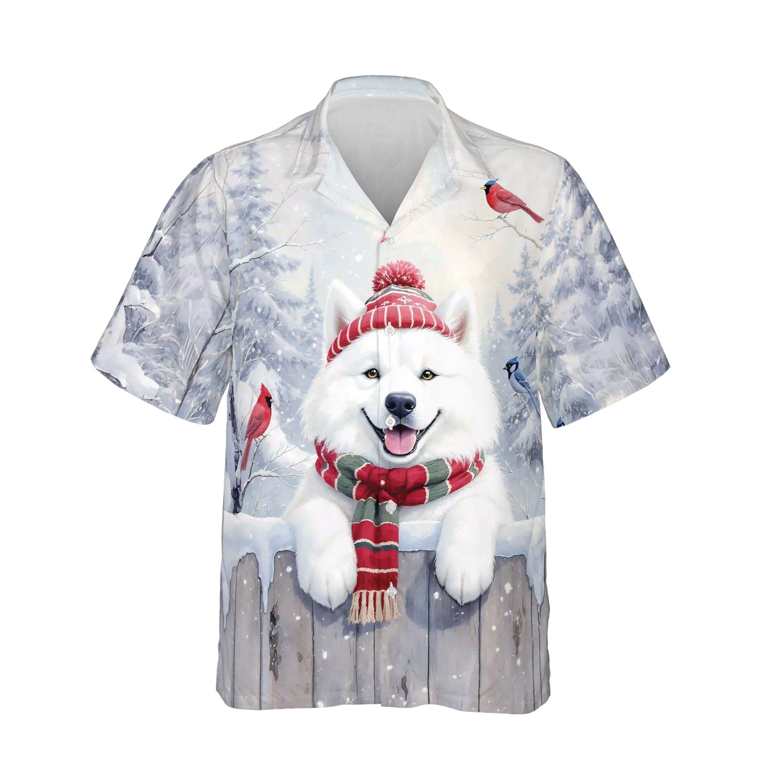 Playful Samoyed Welcomes Winter Snowy Day with Cardinal Bird Hawaiian ...